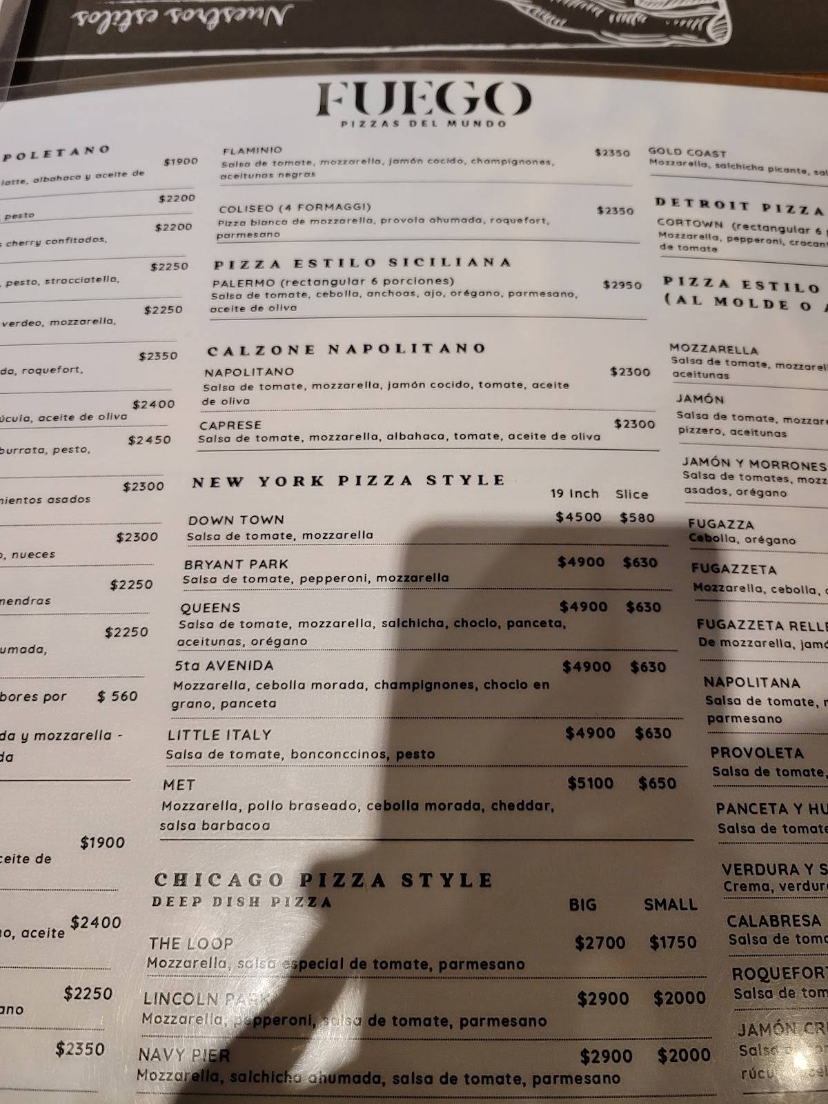 Carta del restaurante Fuego Pizzas del Mundo, Buenos Aires