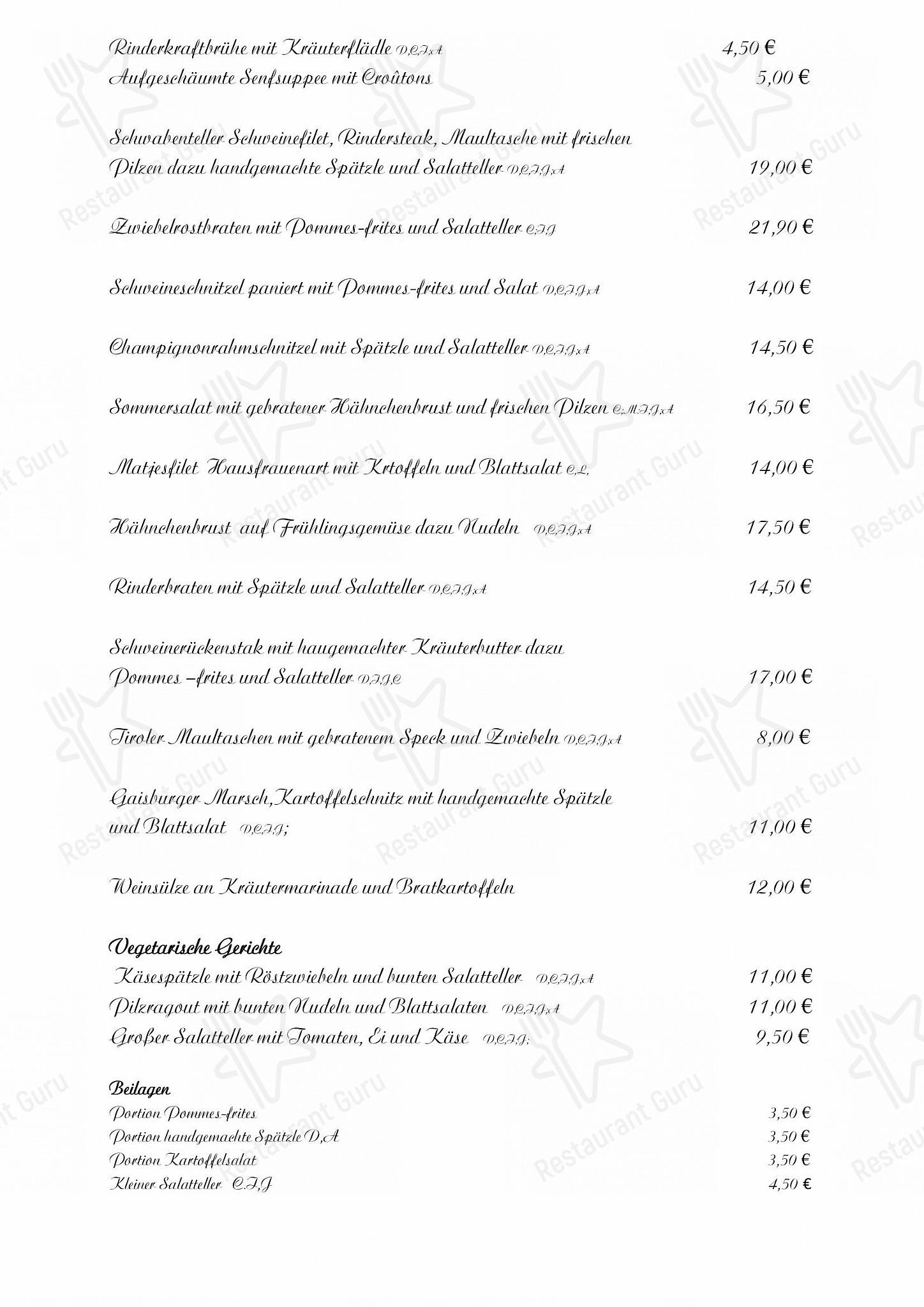 Speisekarte von Gaststätte Grüner Baum restaurant, Tübingen