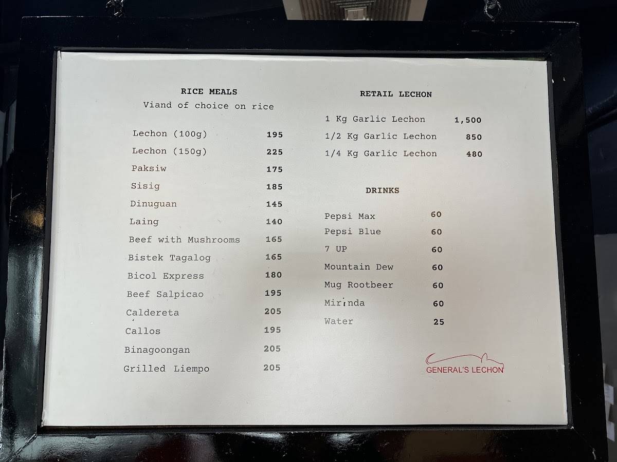 Menu at General's Lechon Makati restaurant, Makati