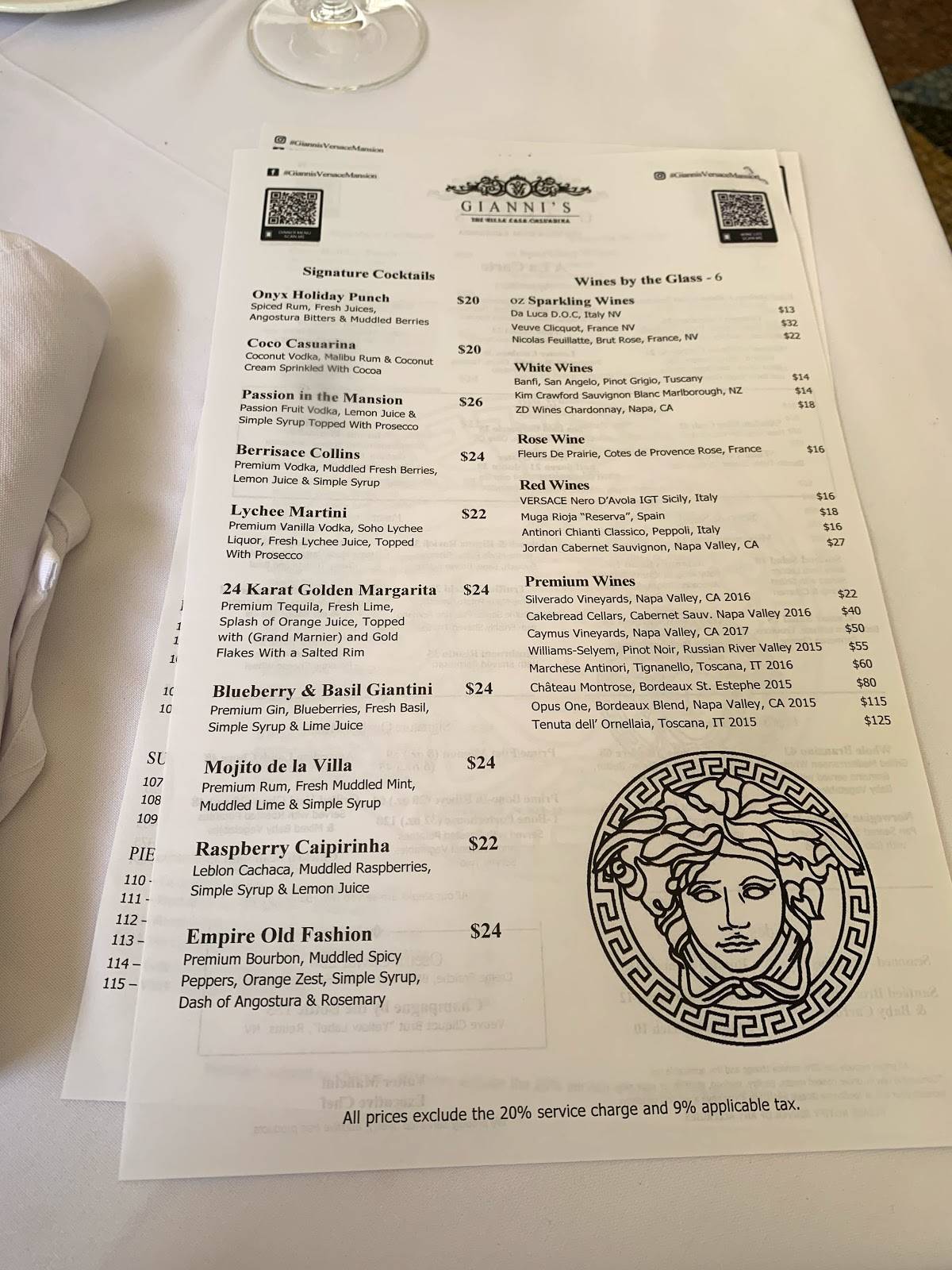 Menu at Gianni's At The Former Versace Mansion restaurant, Miami Beach