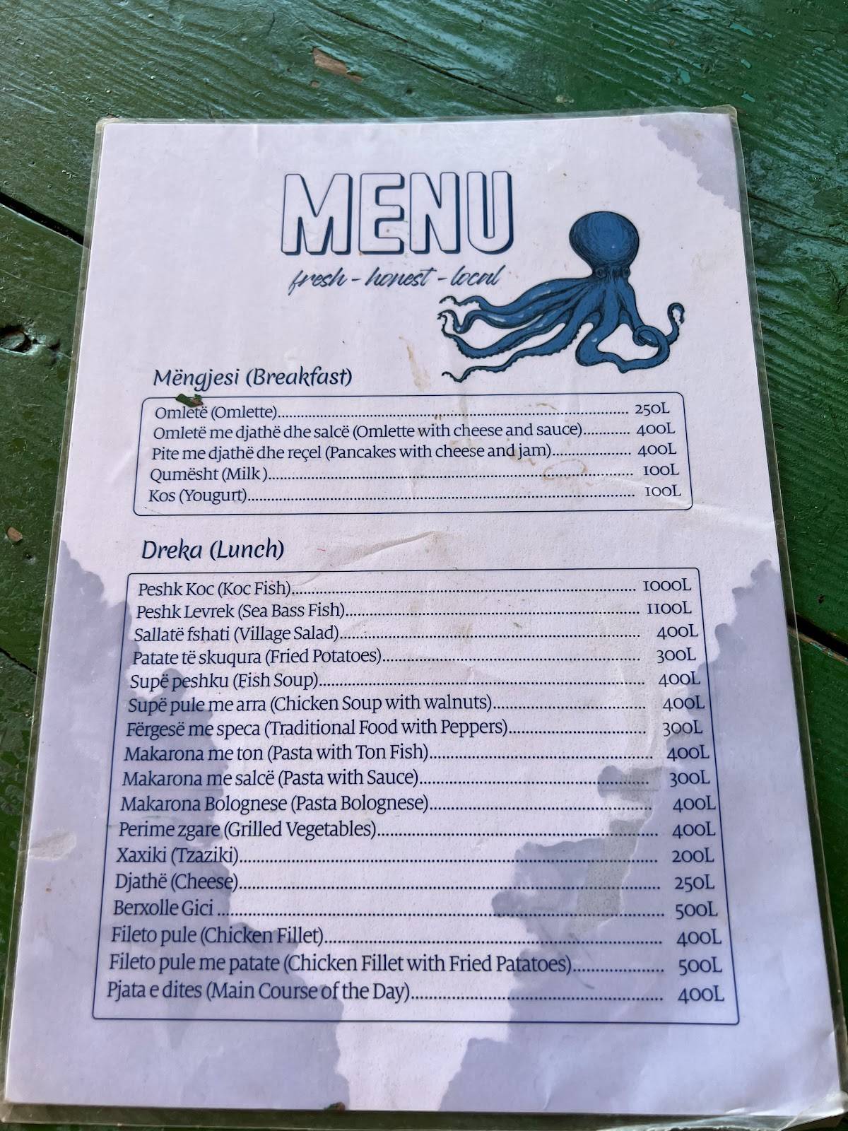 Menu au Restaurant Gjipe Beach, Albanie