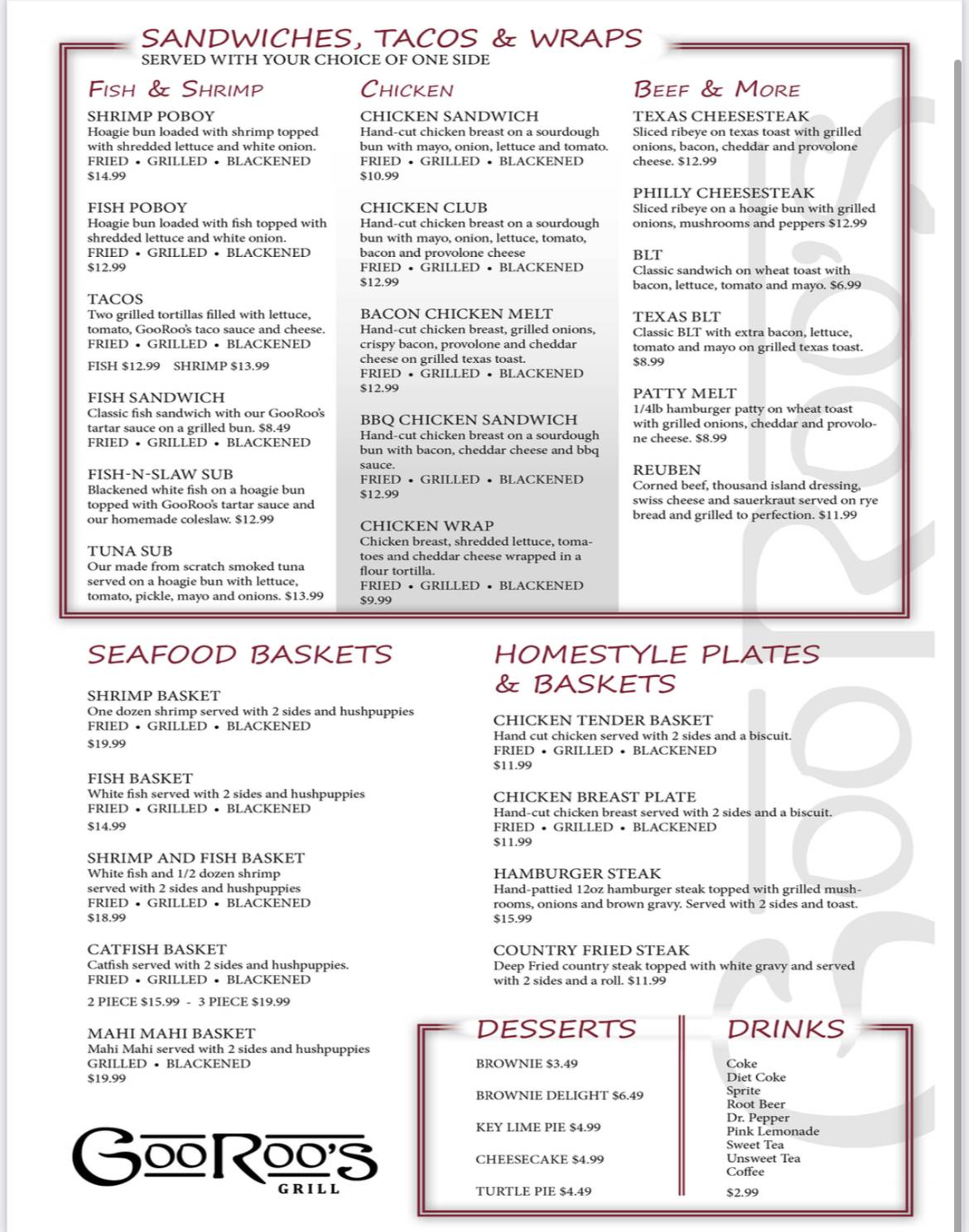 Menu at GooRoo's restaurant, Robertsdale