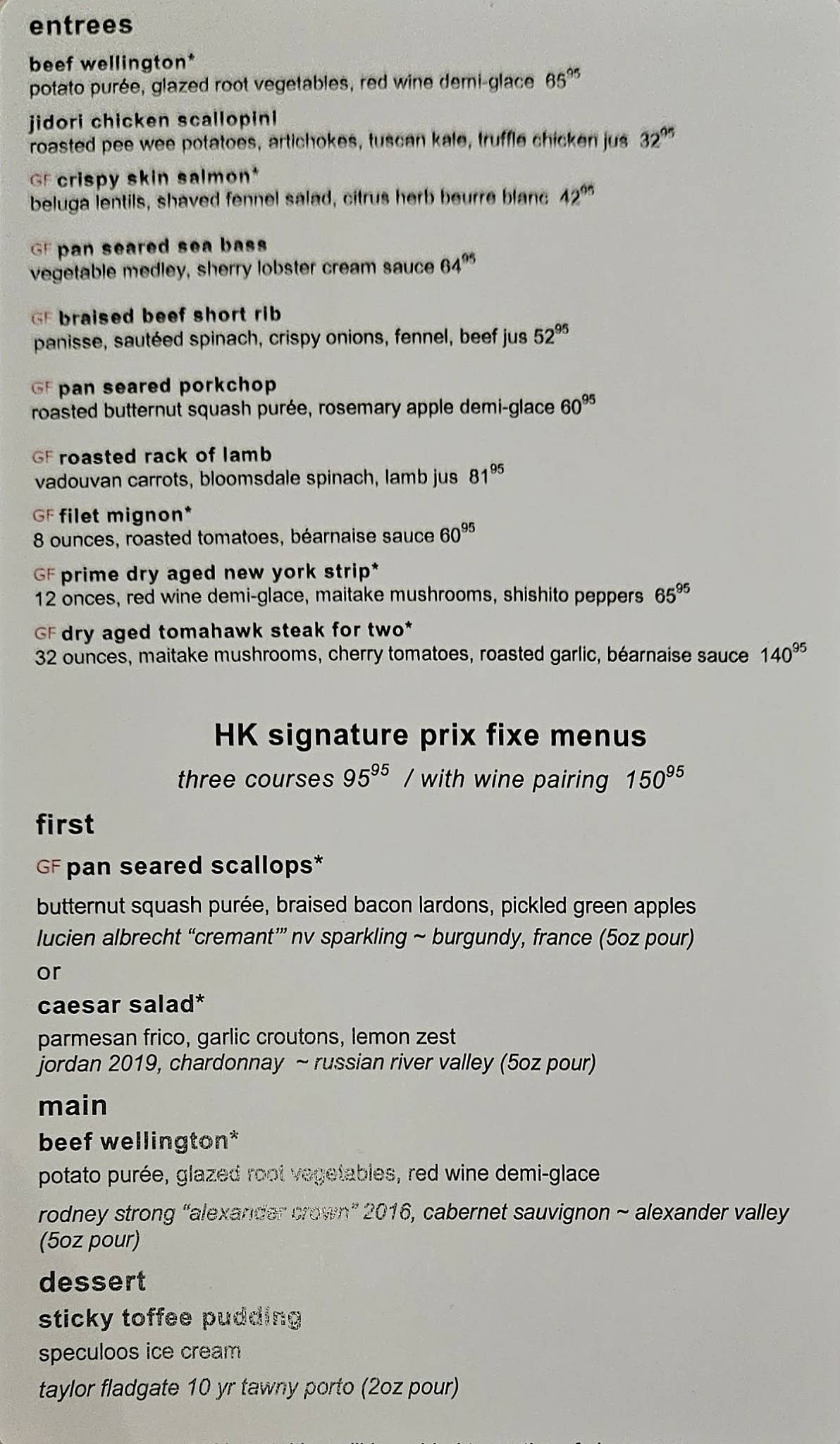 Menu at Gordon Ramsay Hell's Kitchen restaurant, Stateline