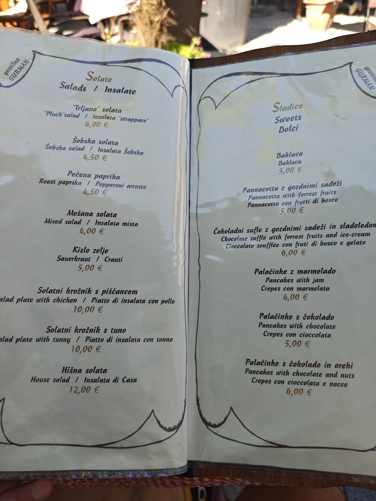 Menu at Gostilna Gurman restaurant, Ljubljana