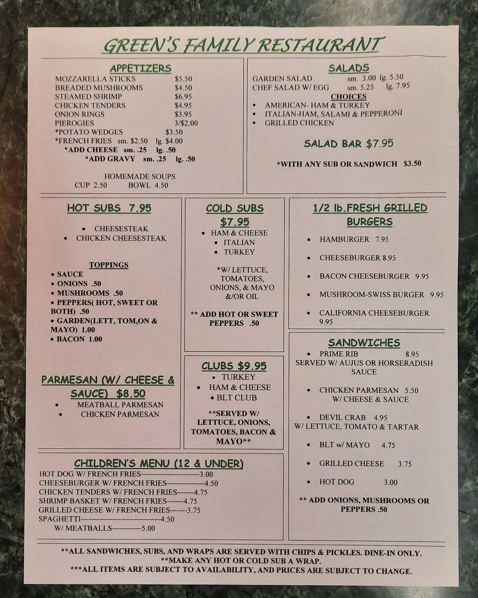 Menu at Green's Family Restaurant, Lavelle, PA-901