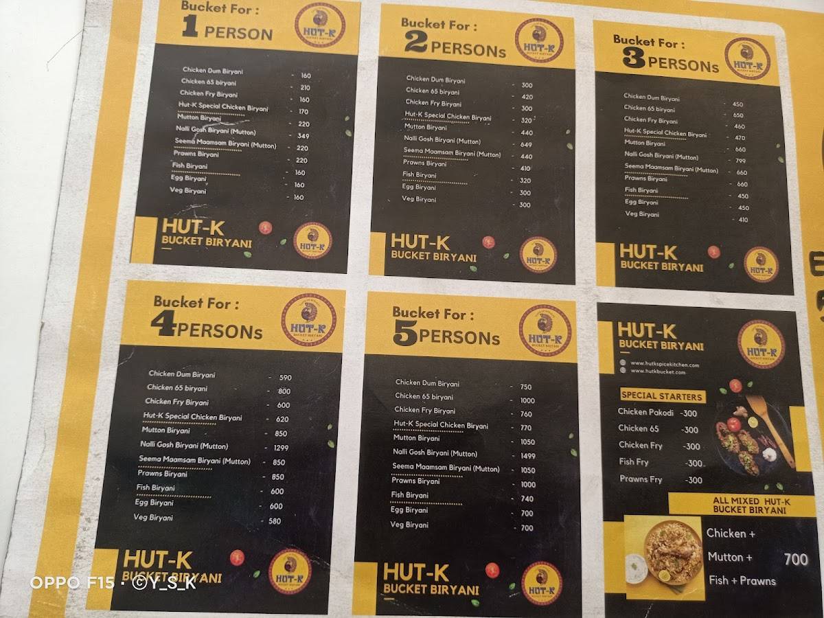 Menu at HUT K BUCKET BIRYANI, Hyderabad
