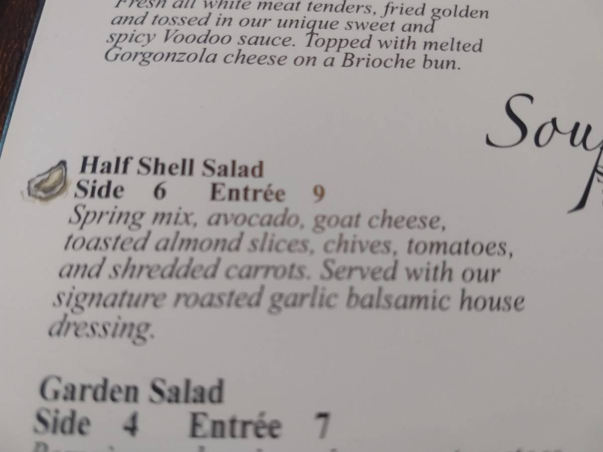 Menu at Half Shell Oyster House restaurant, Tuscaloosa