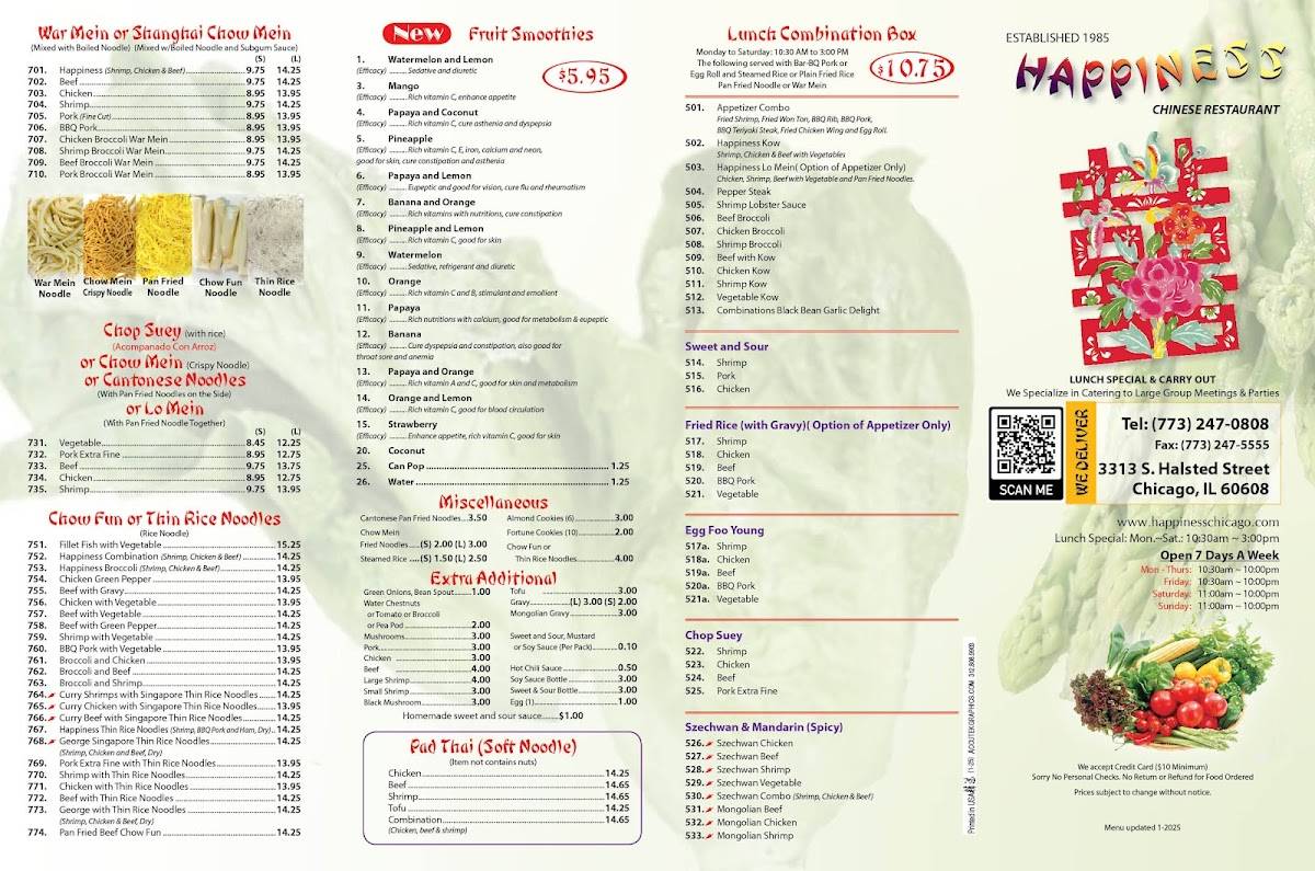Menu at Happiness restaurant, Chicago, S Halsted St