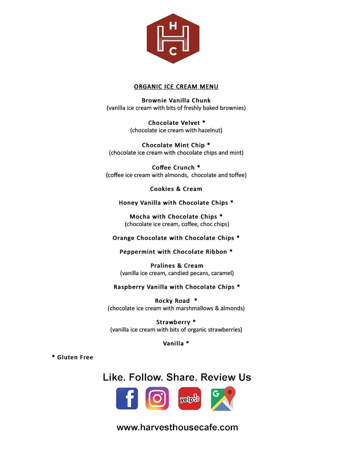 Carta de Harvest House Cafe, Escondido