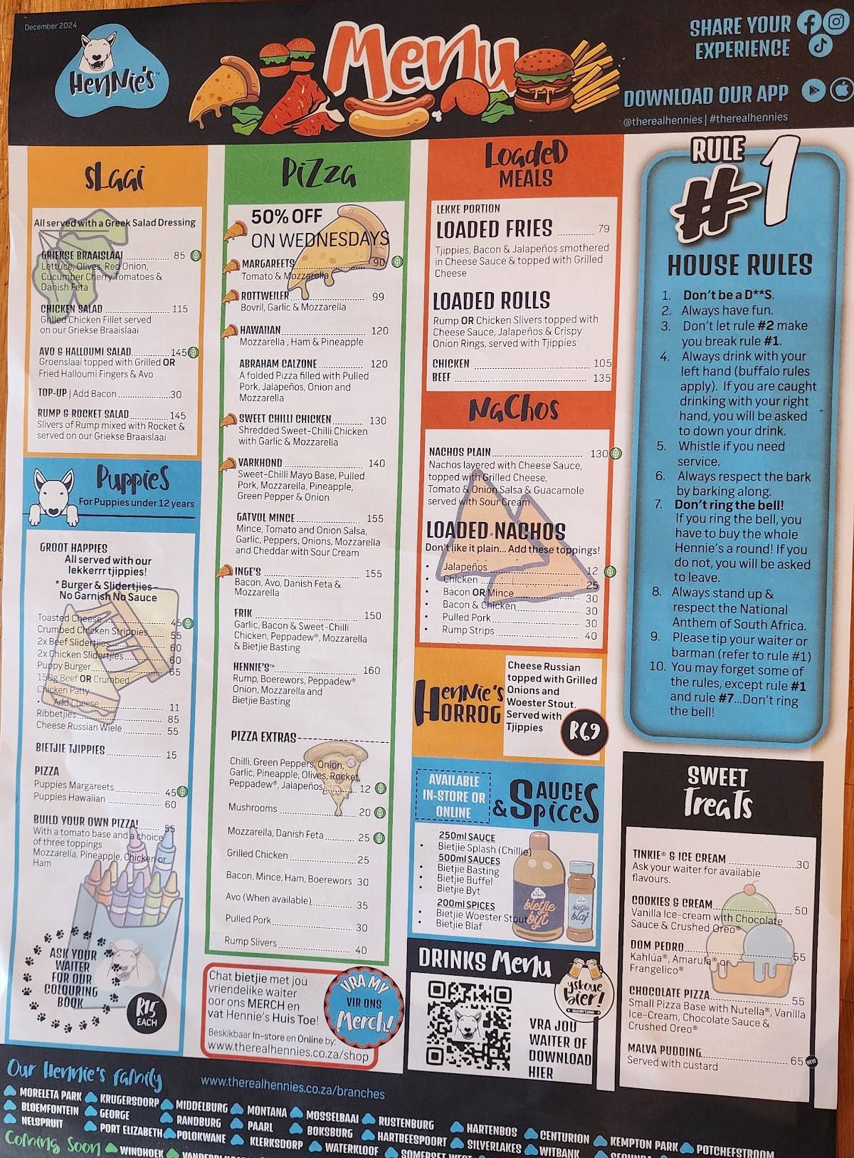 Menu at Hennie's Montana Restaurant, Pretoria