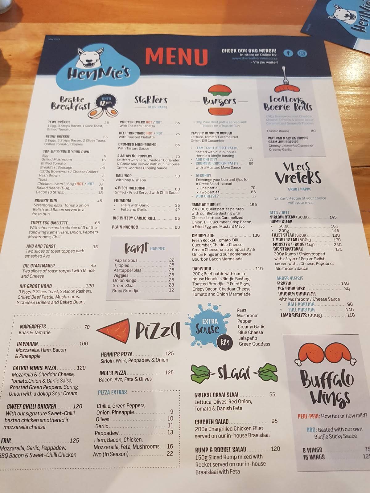 Menu au Hennie's Montana Restaurant, Pretoria