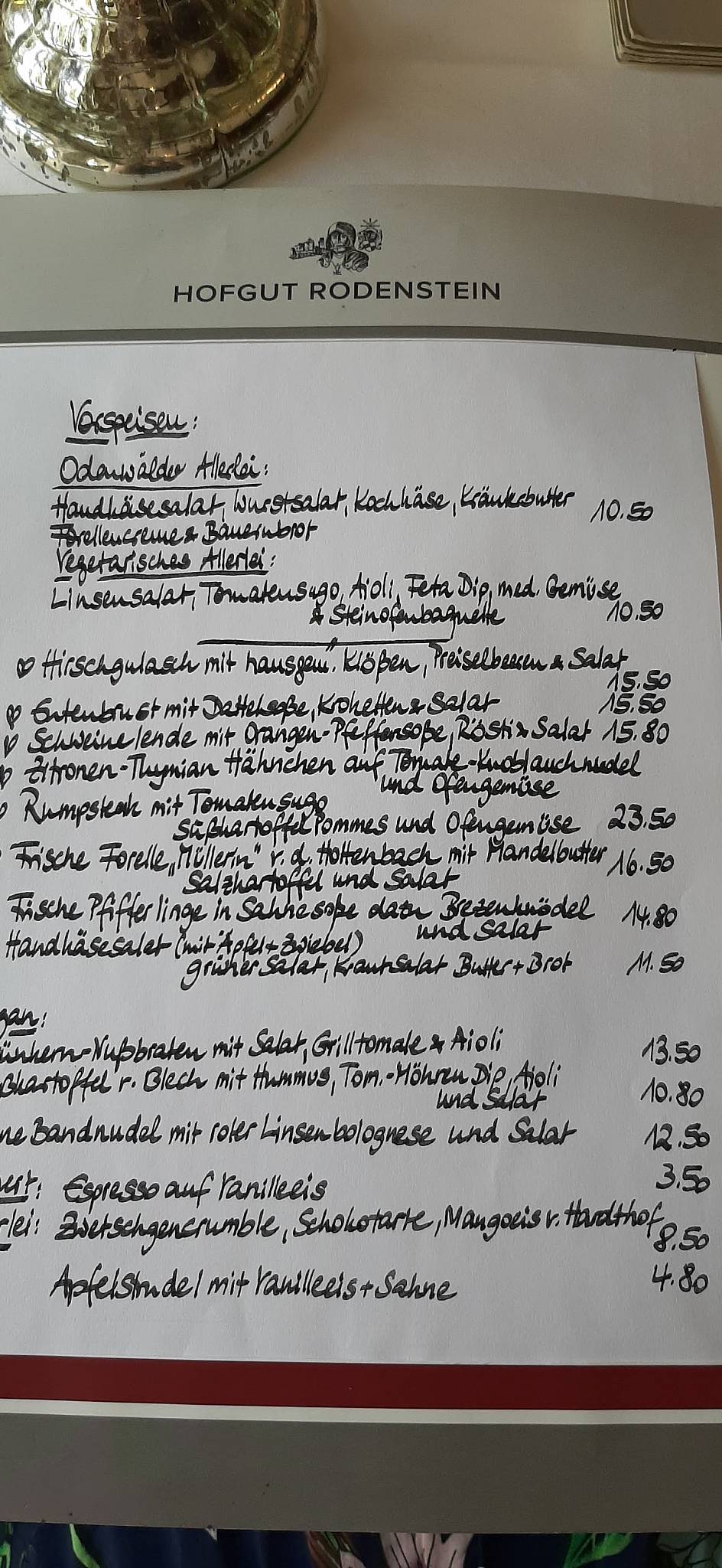 Speisekarte von Hofgut Rodenstein restaurant, Fränkisch-Crumbach, An ...