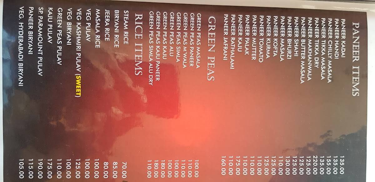 Menu at Hotel Paramount, Silvassa