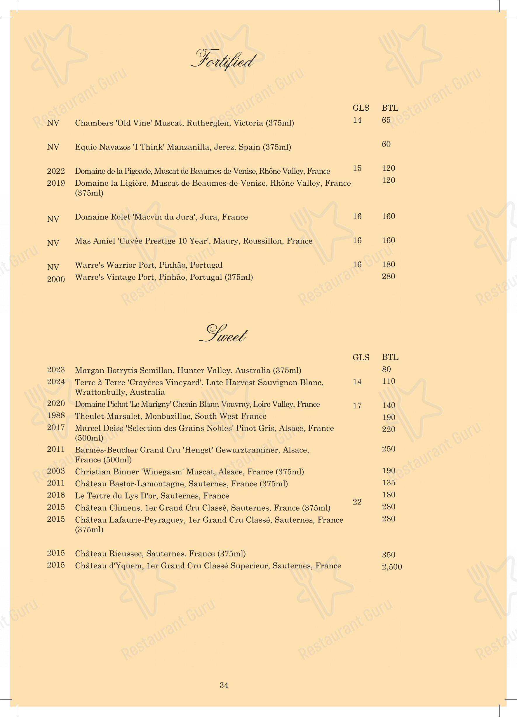 Menu at Restaurant Hubert, Sydney