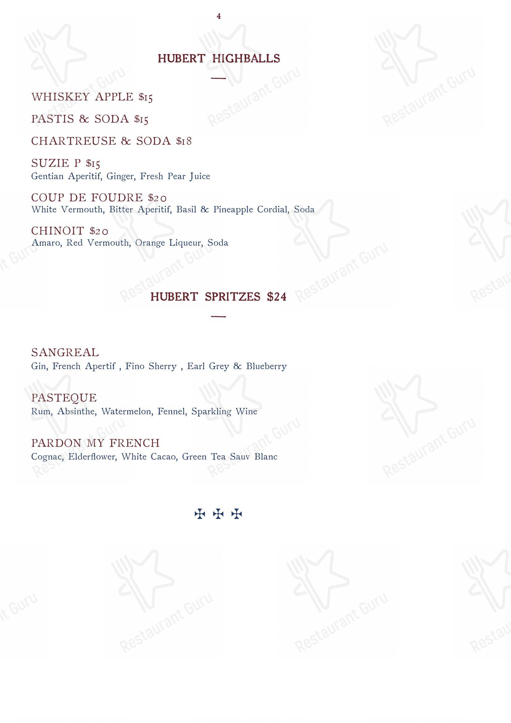 Menu at Restaurant Hubert, Sydney