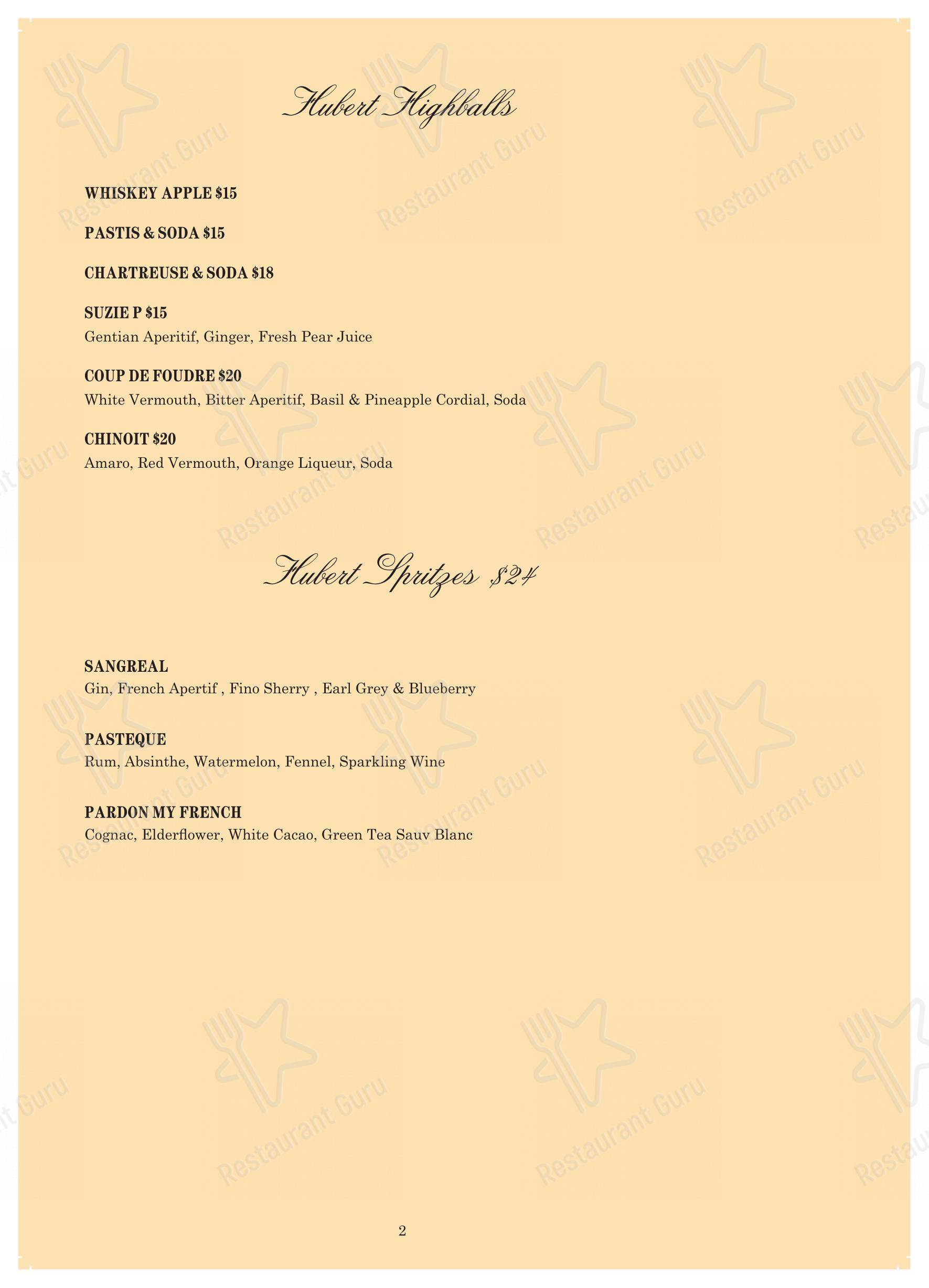 Menu at Restaurant Hubert, Sydney
