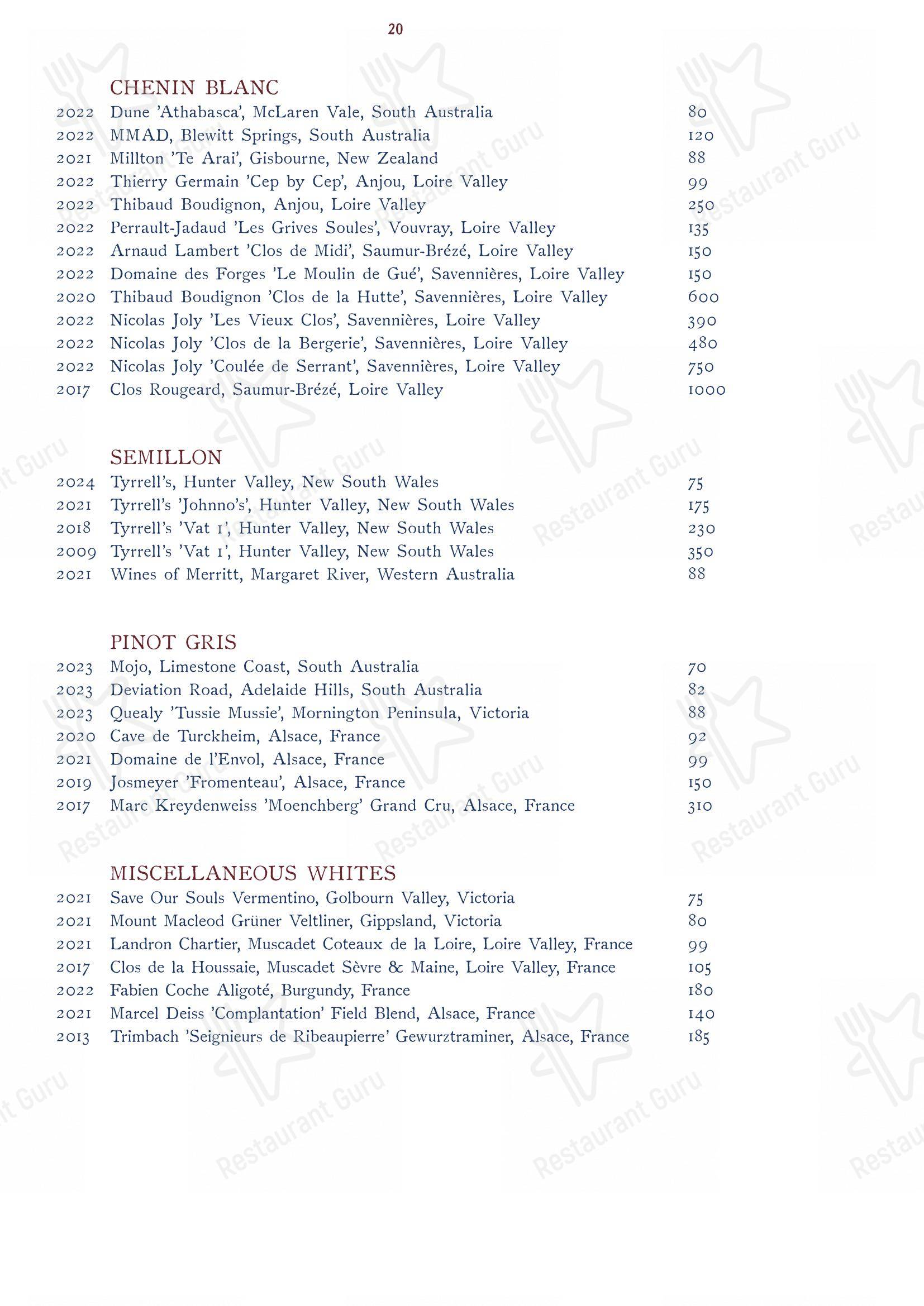 Menu at Restaurant Hubert, Sydney