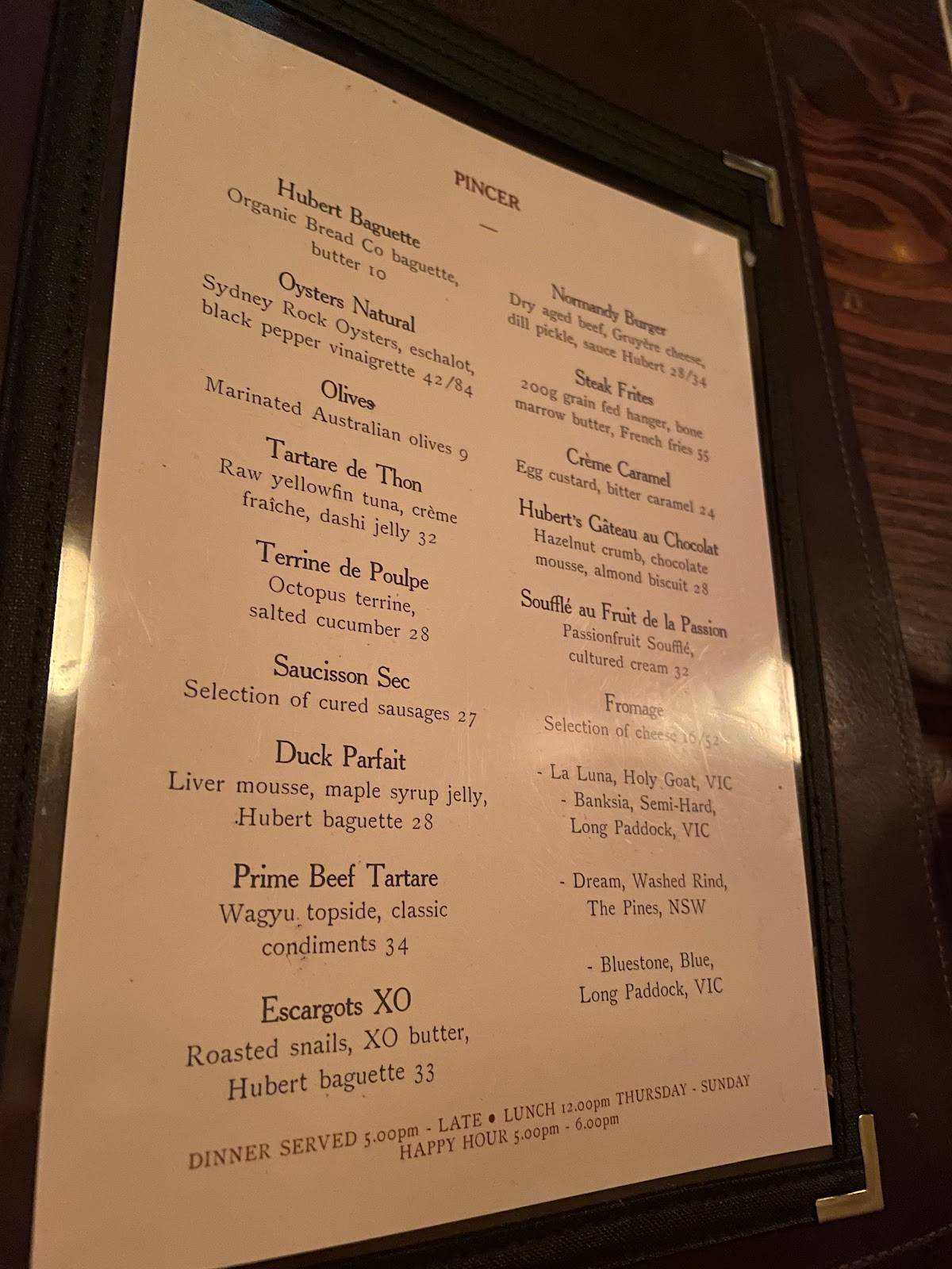 Menu at Restaurant Hubert, Sydney