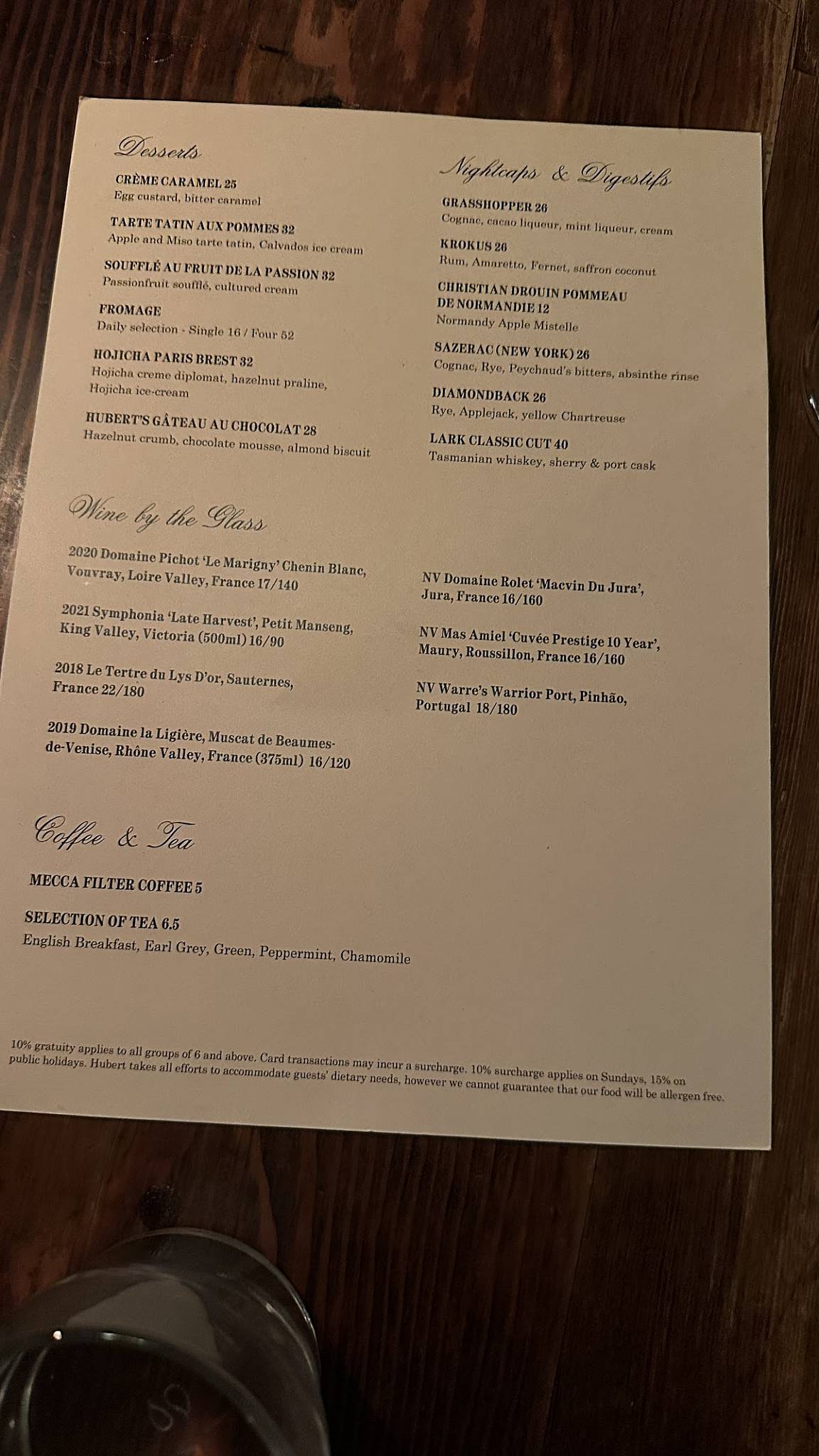 Menu at Restaurant Hubert, Sydney