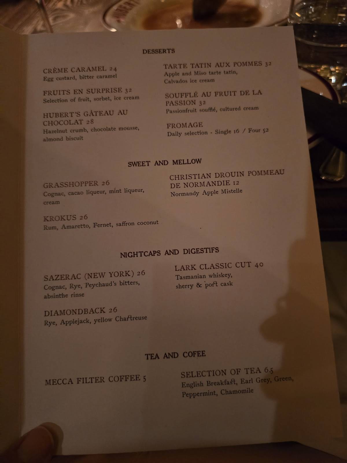 Menu at Restaurant Hubert, Sydney