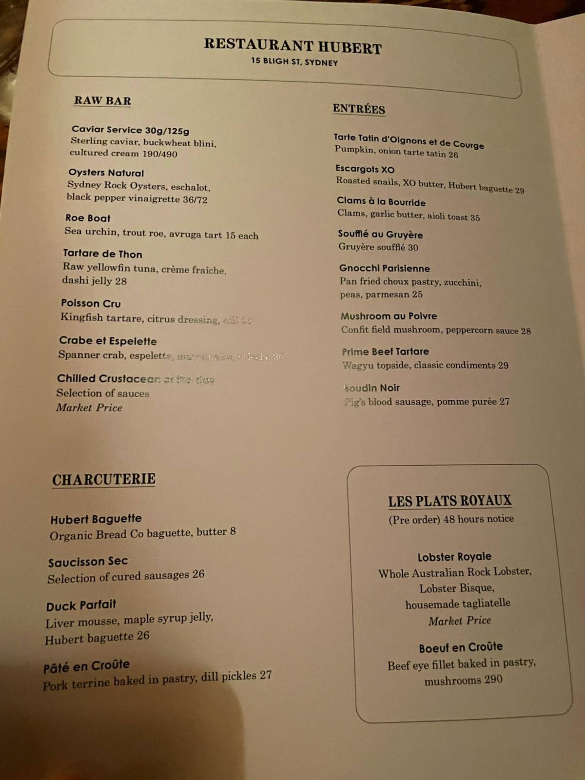 Menu at Restaurant Hubert, Sydney
