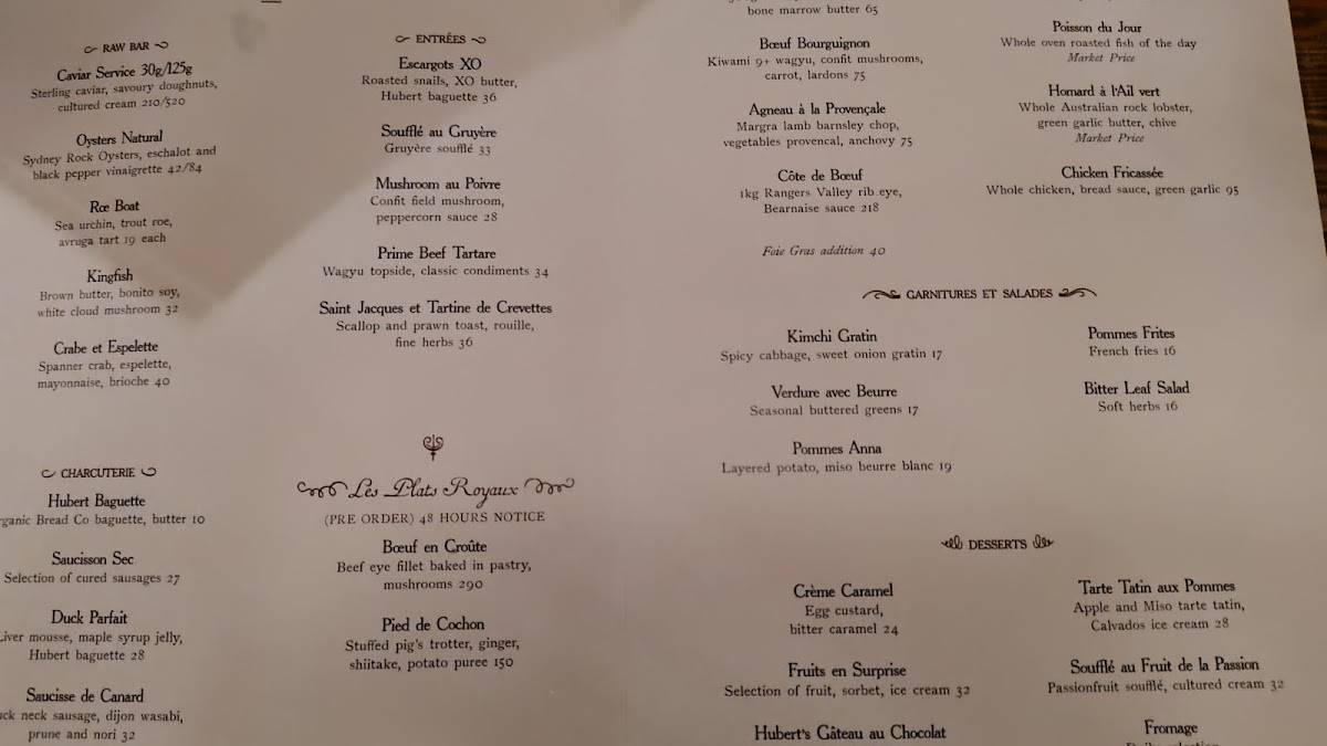 Menu at Restaurant Hubert, Sydney