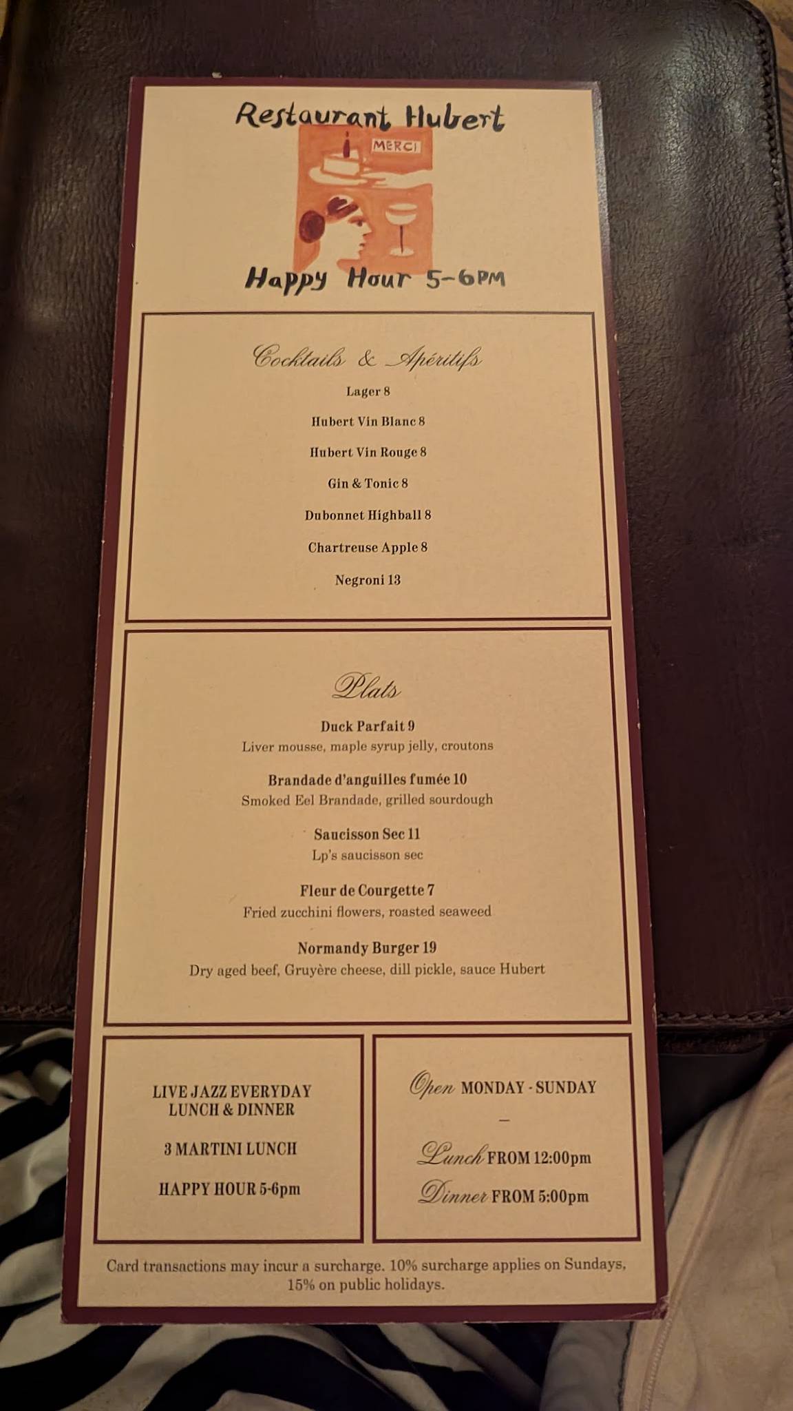 Menu at Restaurant Hubert, Sydney