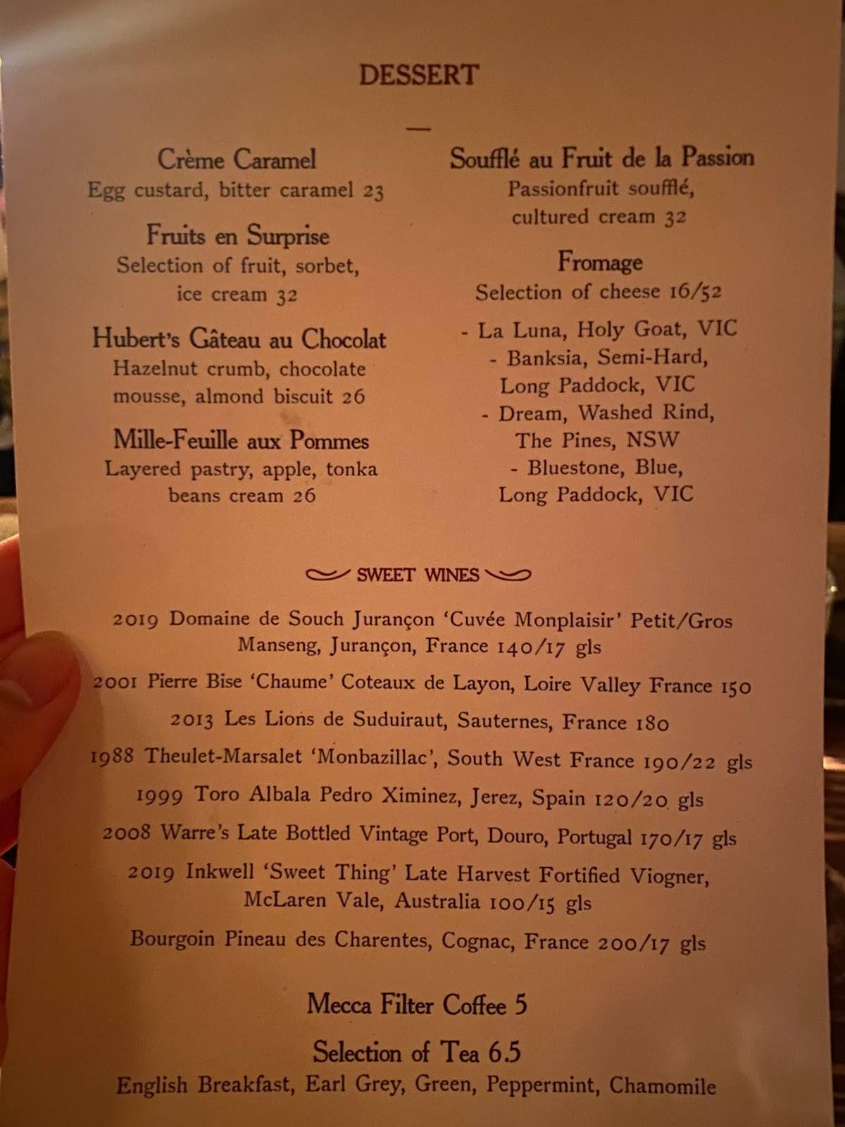 Menu at Restaurant Hubert, Sydney