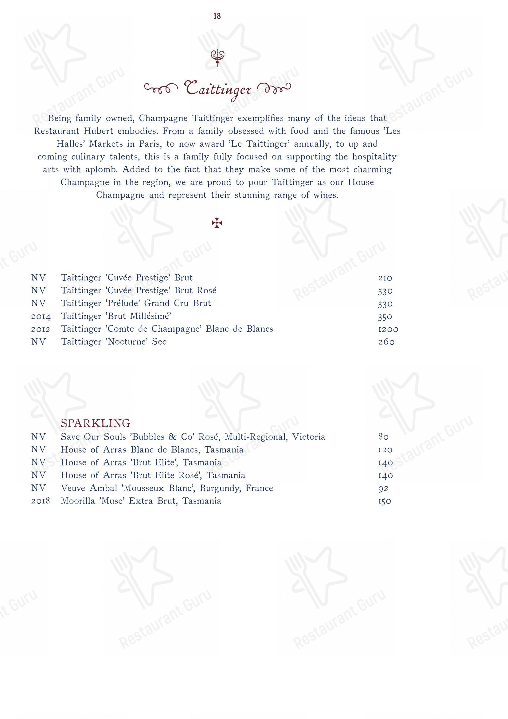 Menu at Restaurant Hubert, Sydney