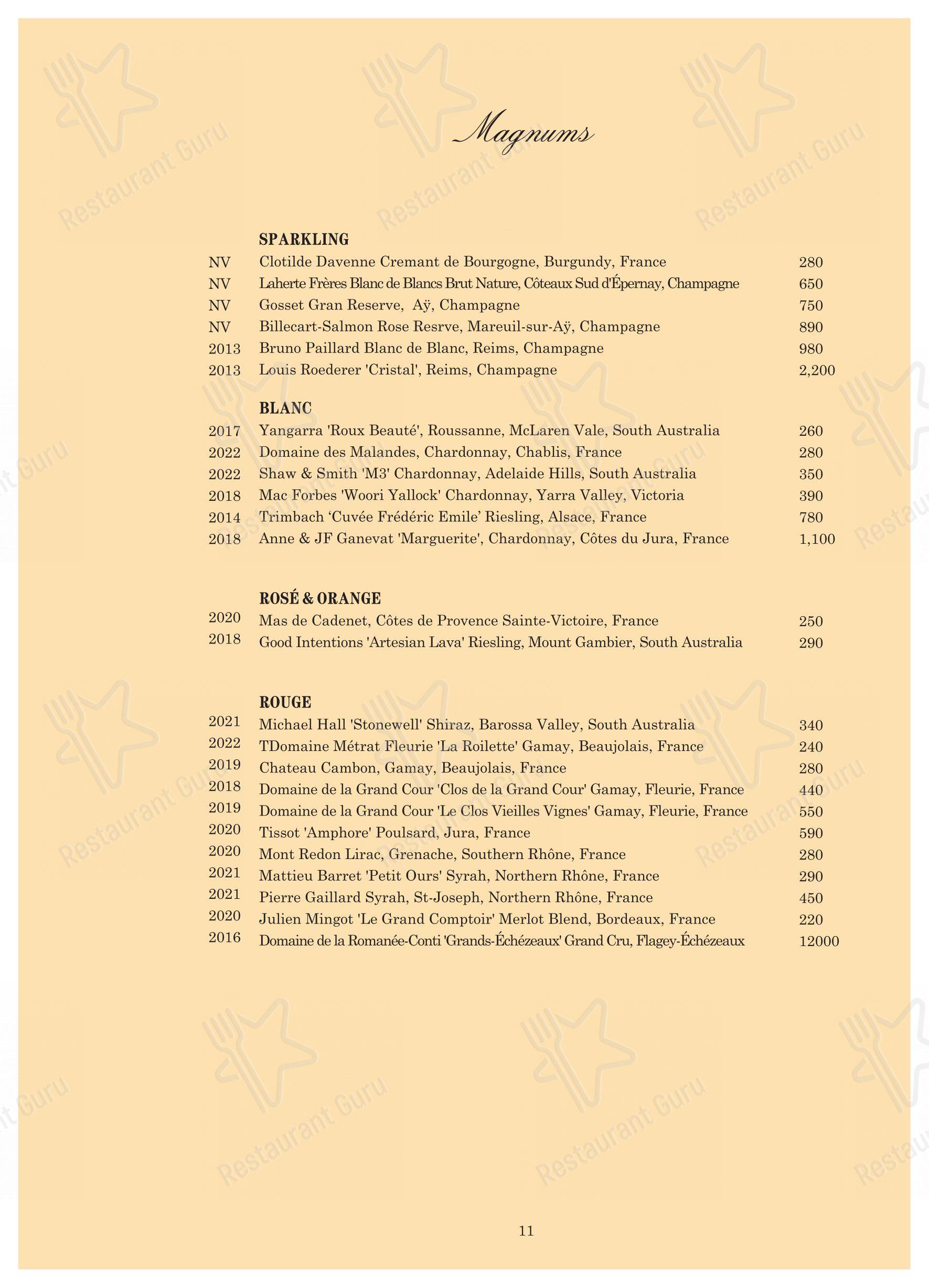 Menu at Restaurant Hubert, Sydney