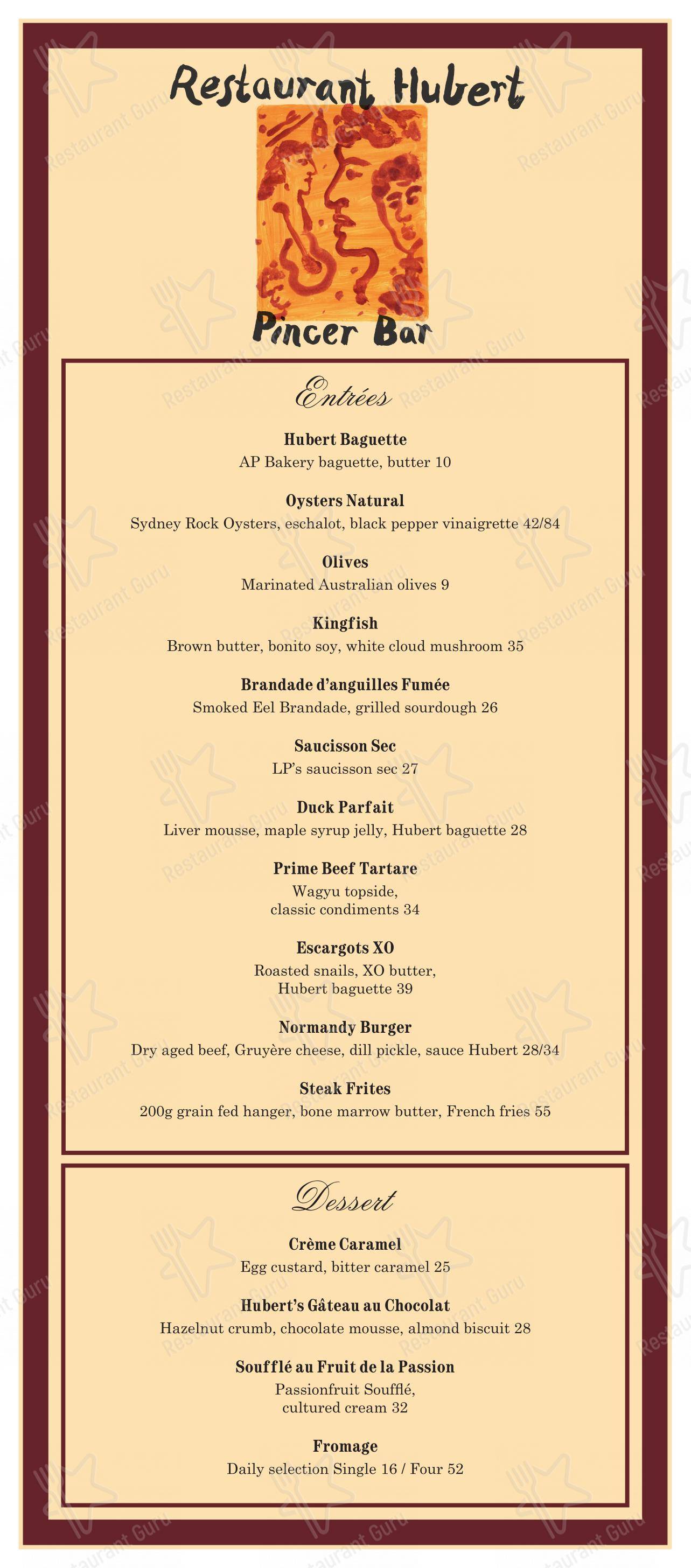 Menu at Restaurant Hubert, Sydney