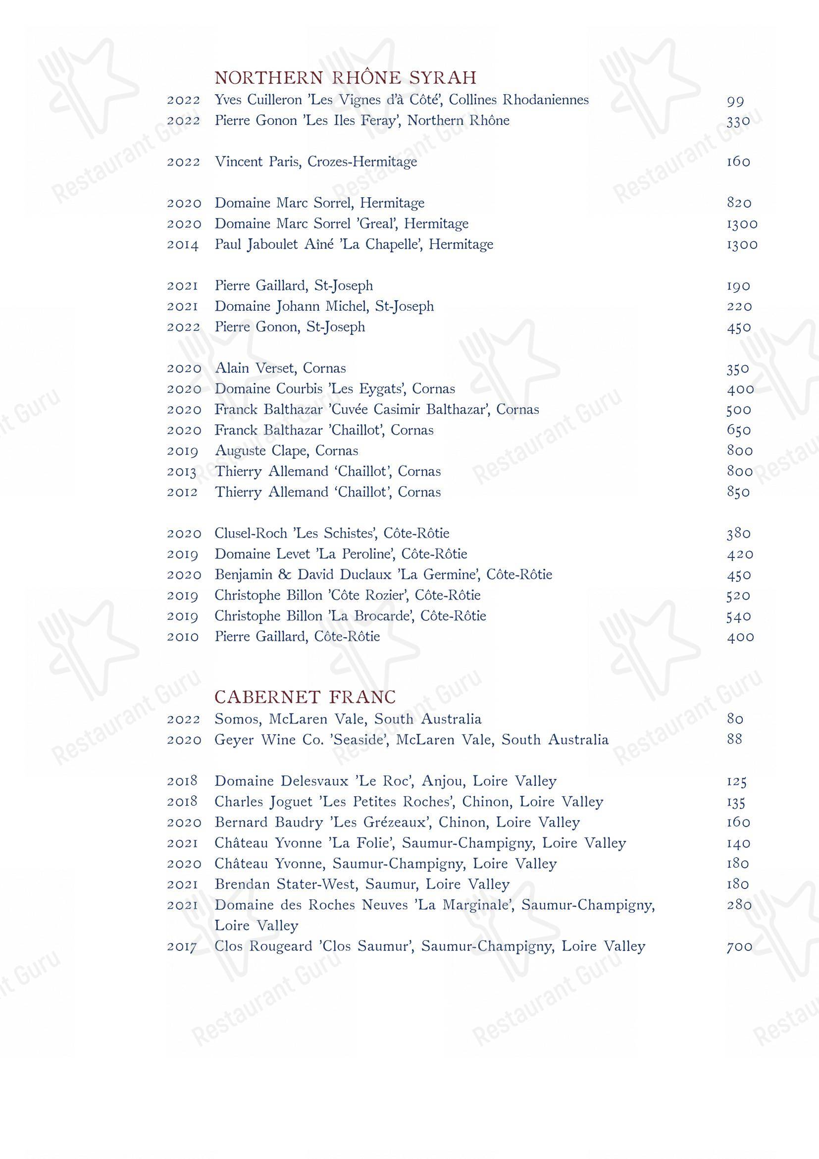 Menu at Restaurant Hubert, Sydney