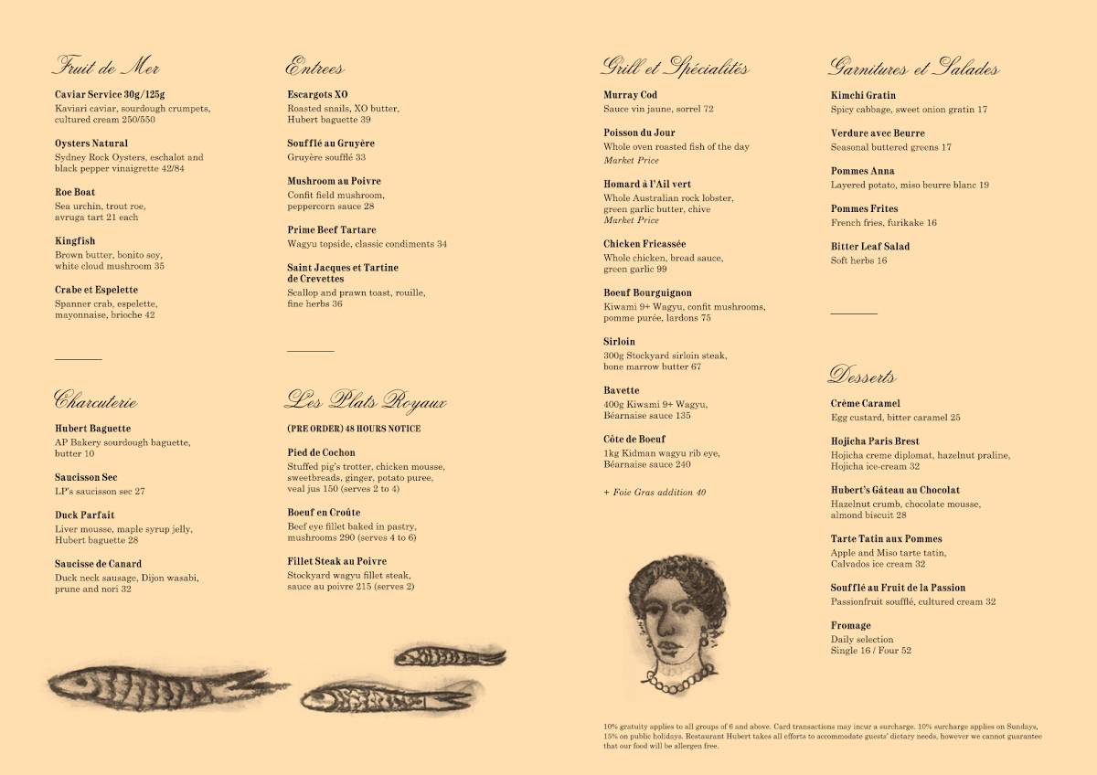 Menu at Restaurant Hubert, Sydney
