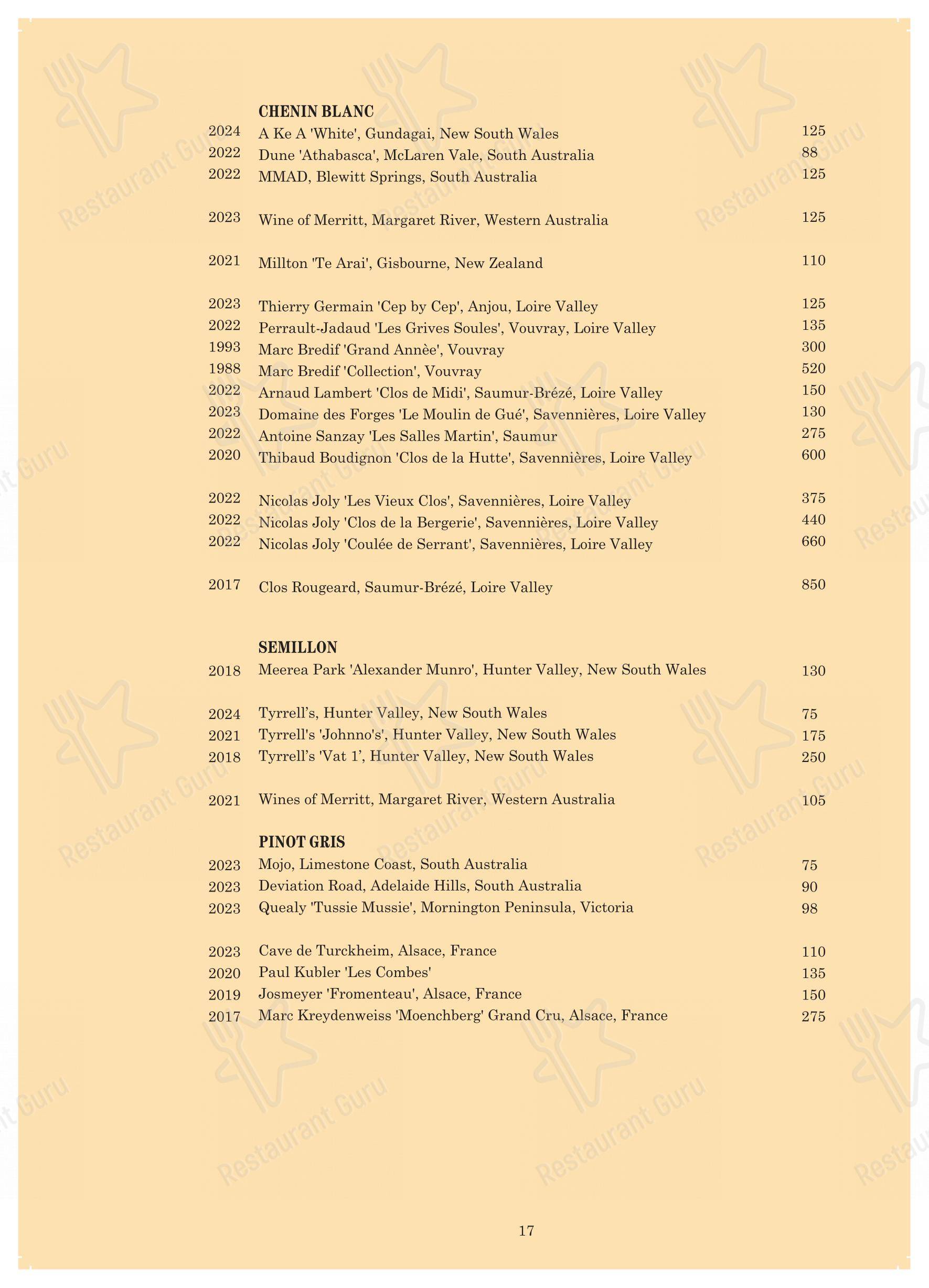 Menu at Restaurant Hubert, Sydney