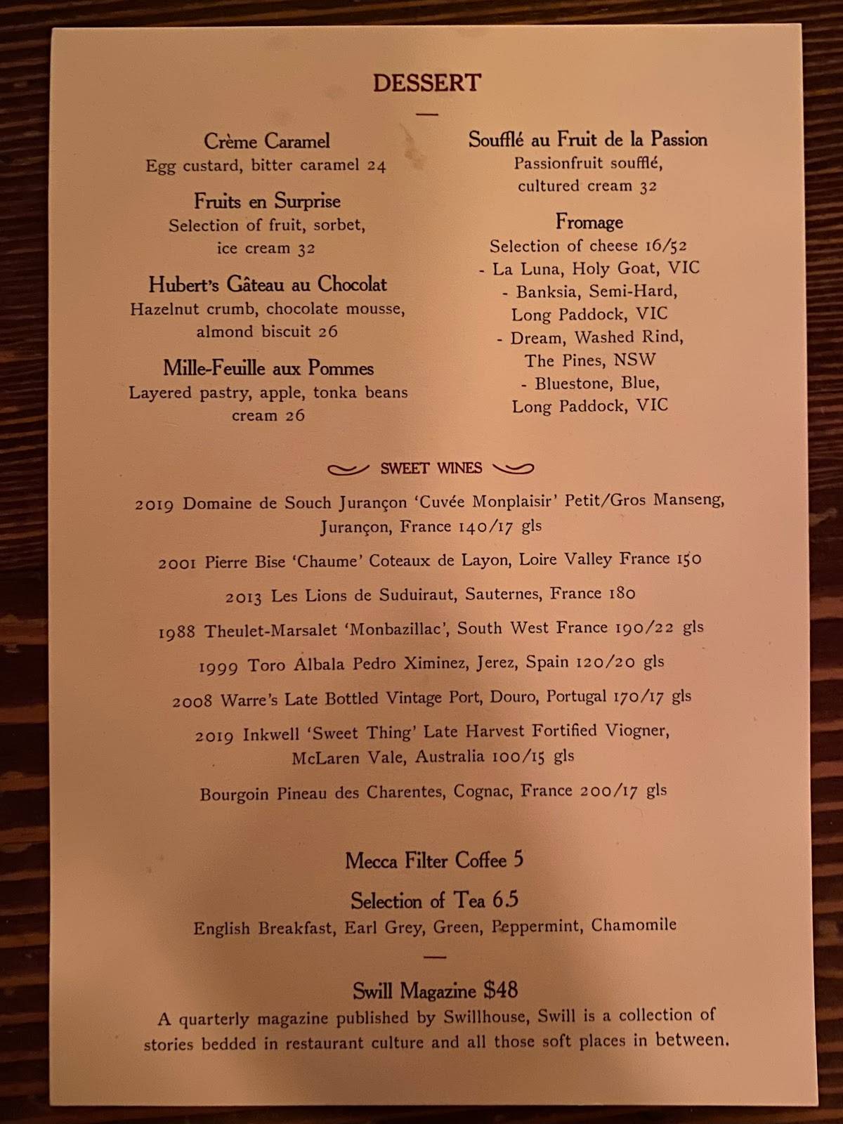Menu at Restaurant Hubert, Sydney