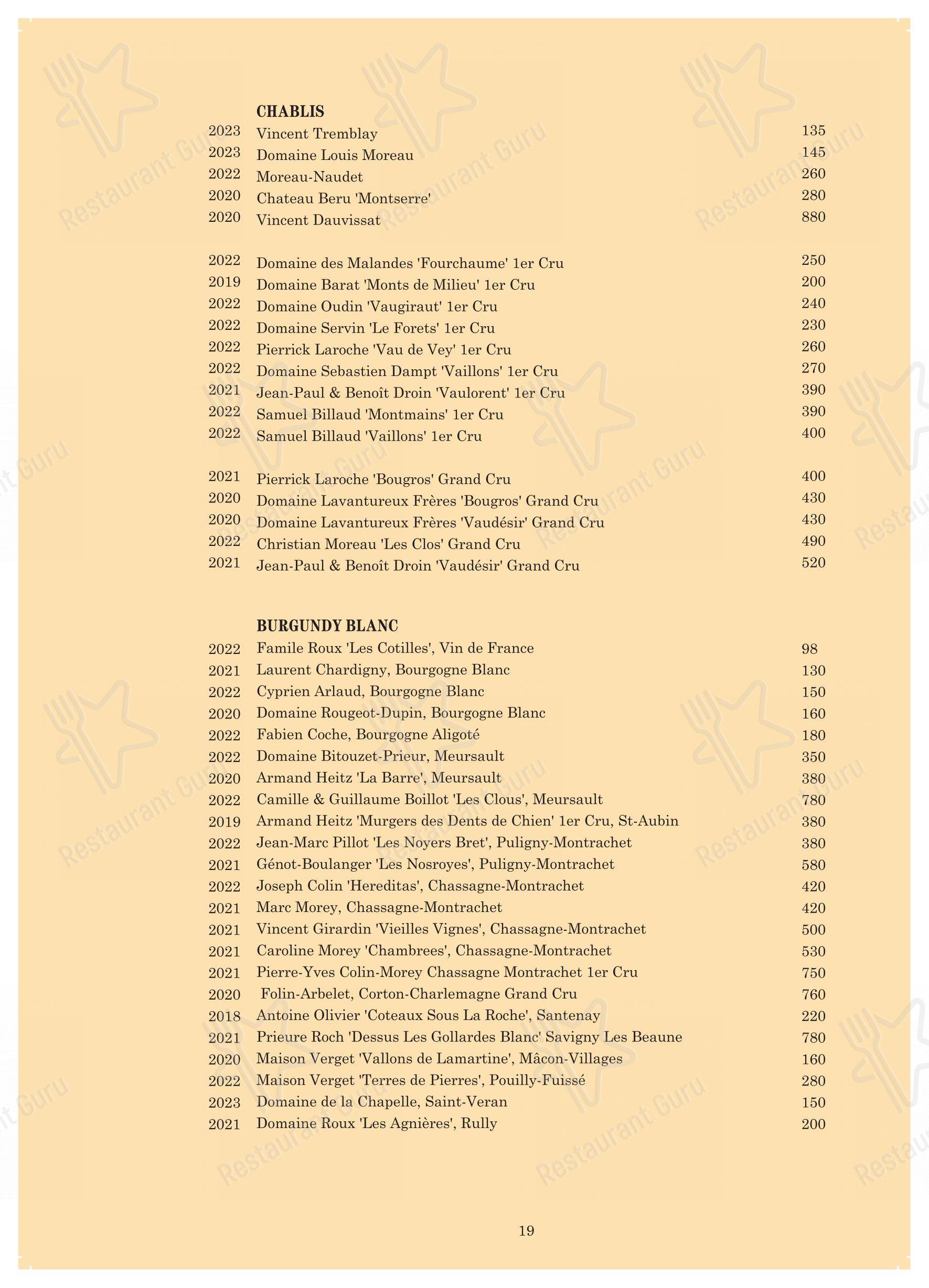 Menu at Restaurant Hubert, Sydney