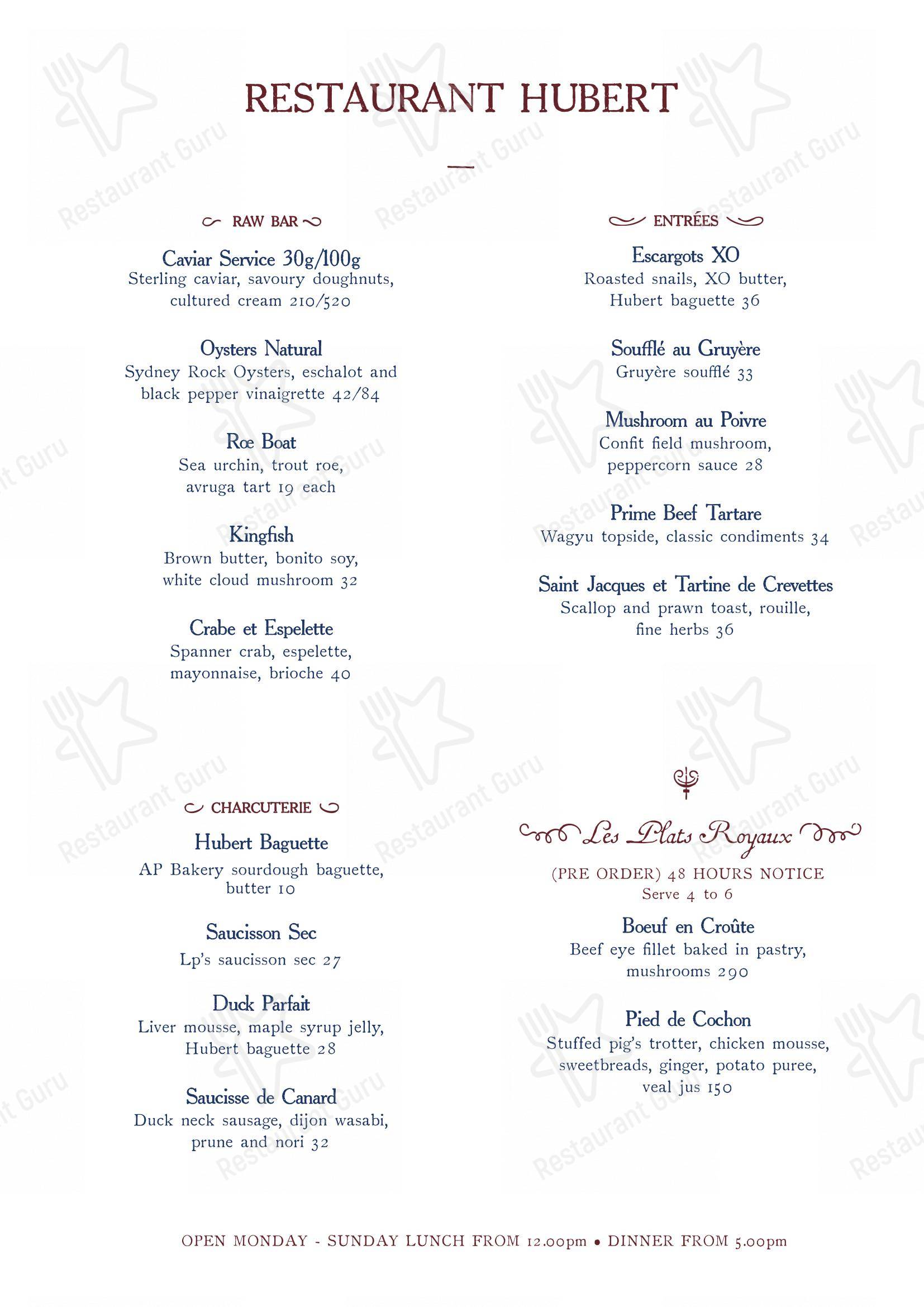 Menu at Restaurant Hubert, Sydney