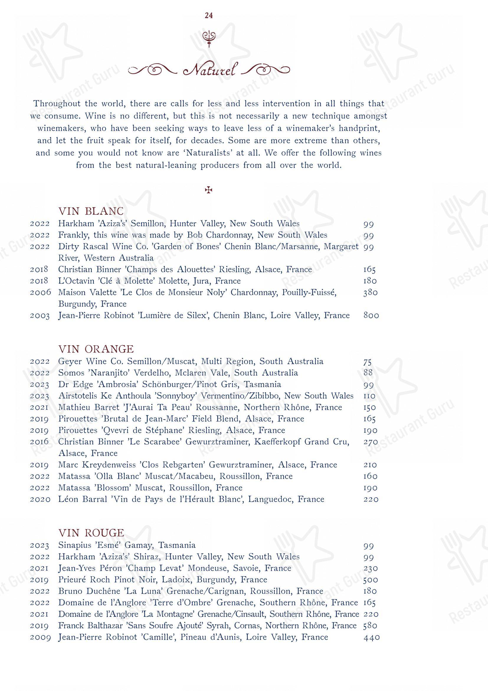 Menu at Restaurant Hubert, Sydney