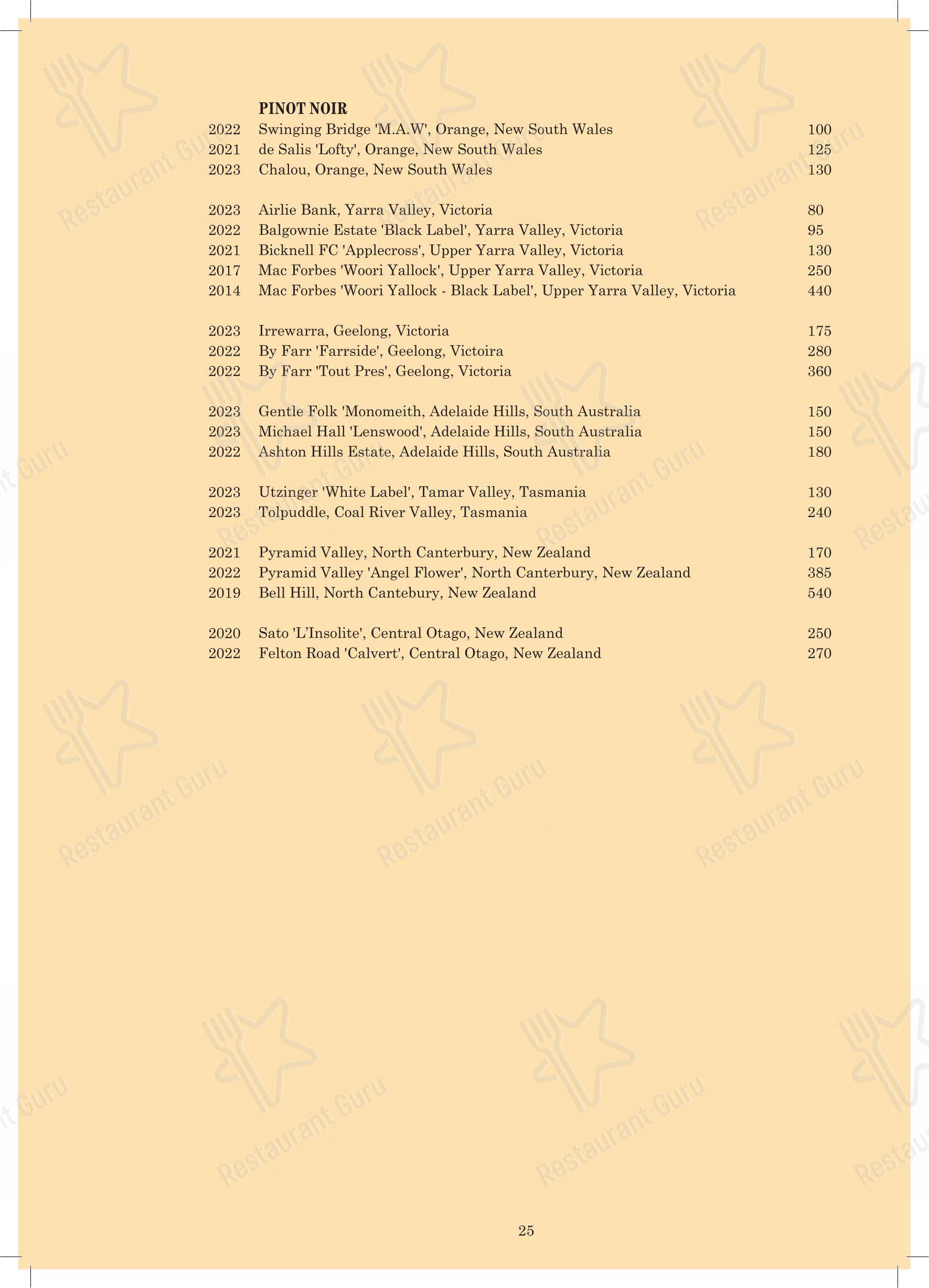 Menu at Restaurant Hubert, Sydney