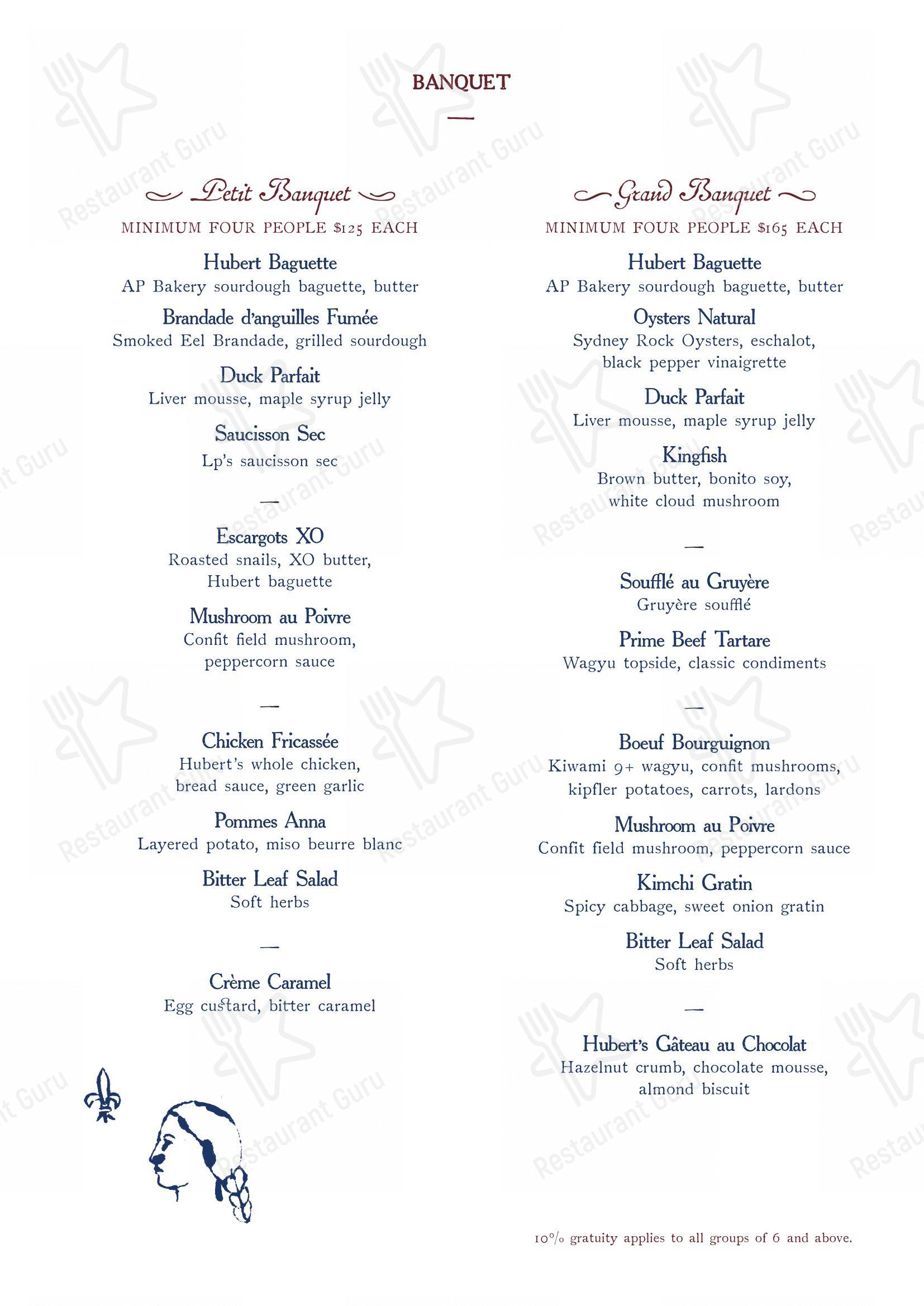 Menu at Restaurant Hubert, Sydney