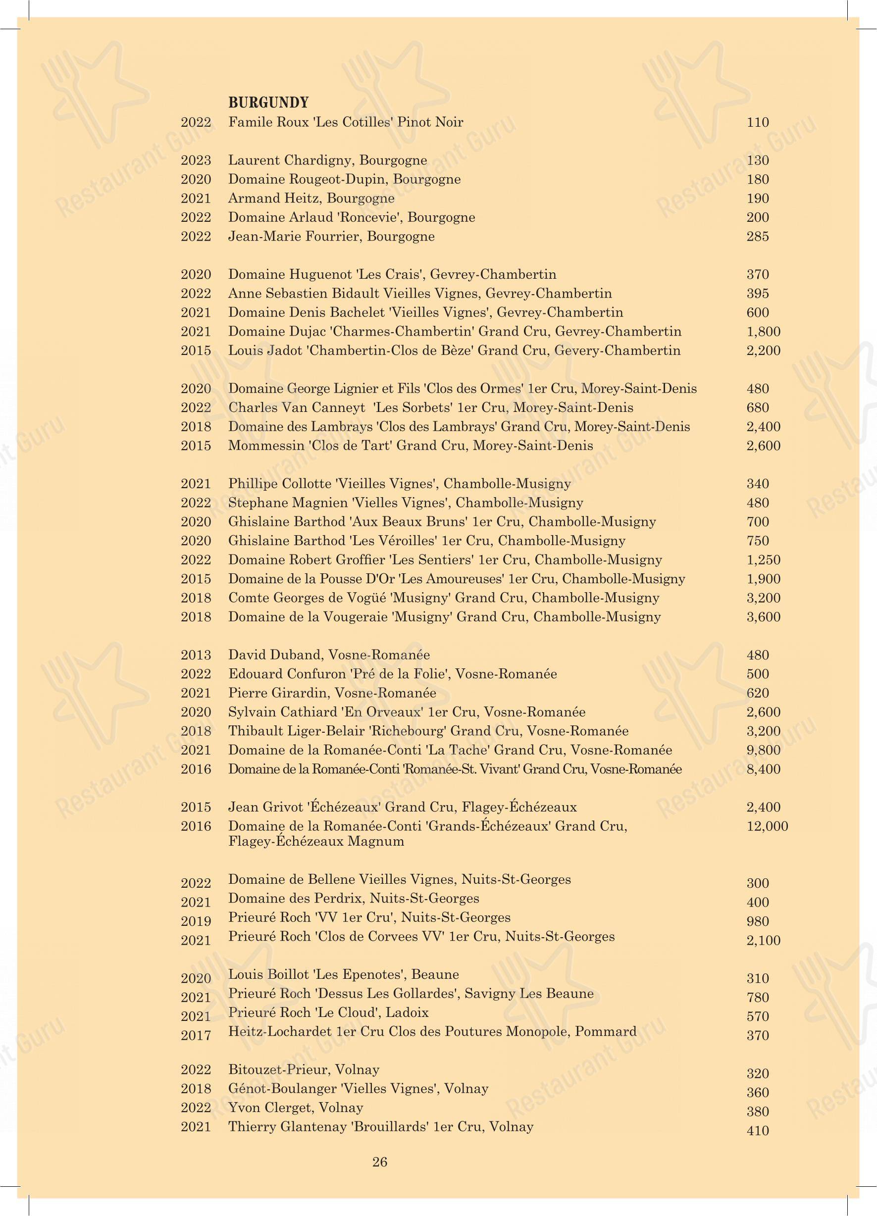 Menu at Restaurant Hubert, Sydney