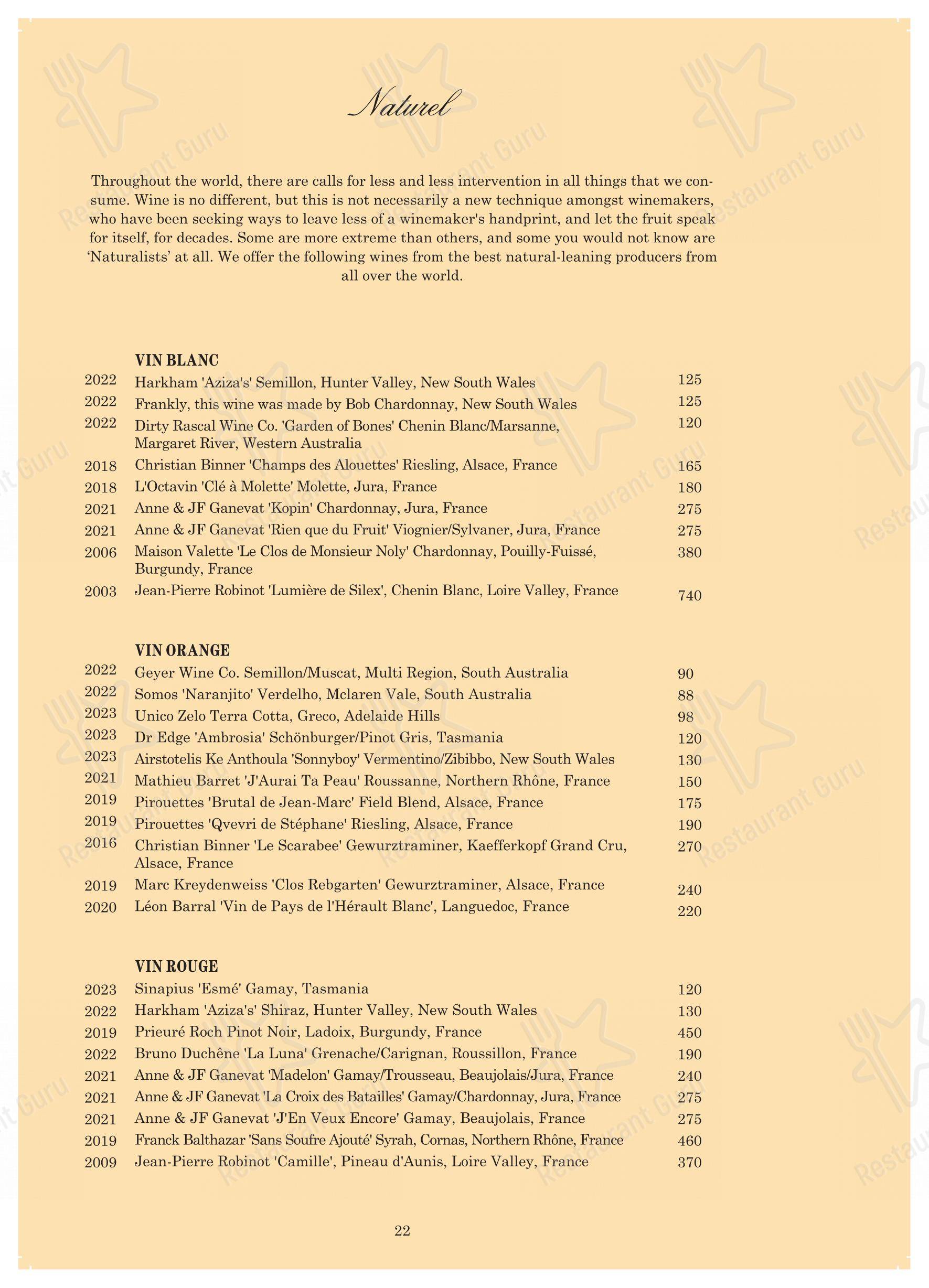 Menu at Restaurant Hubert, Sydney