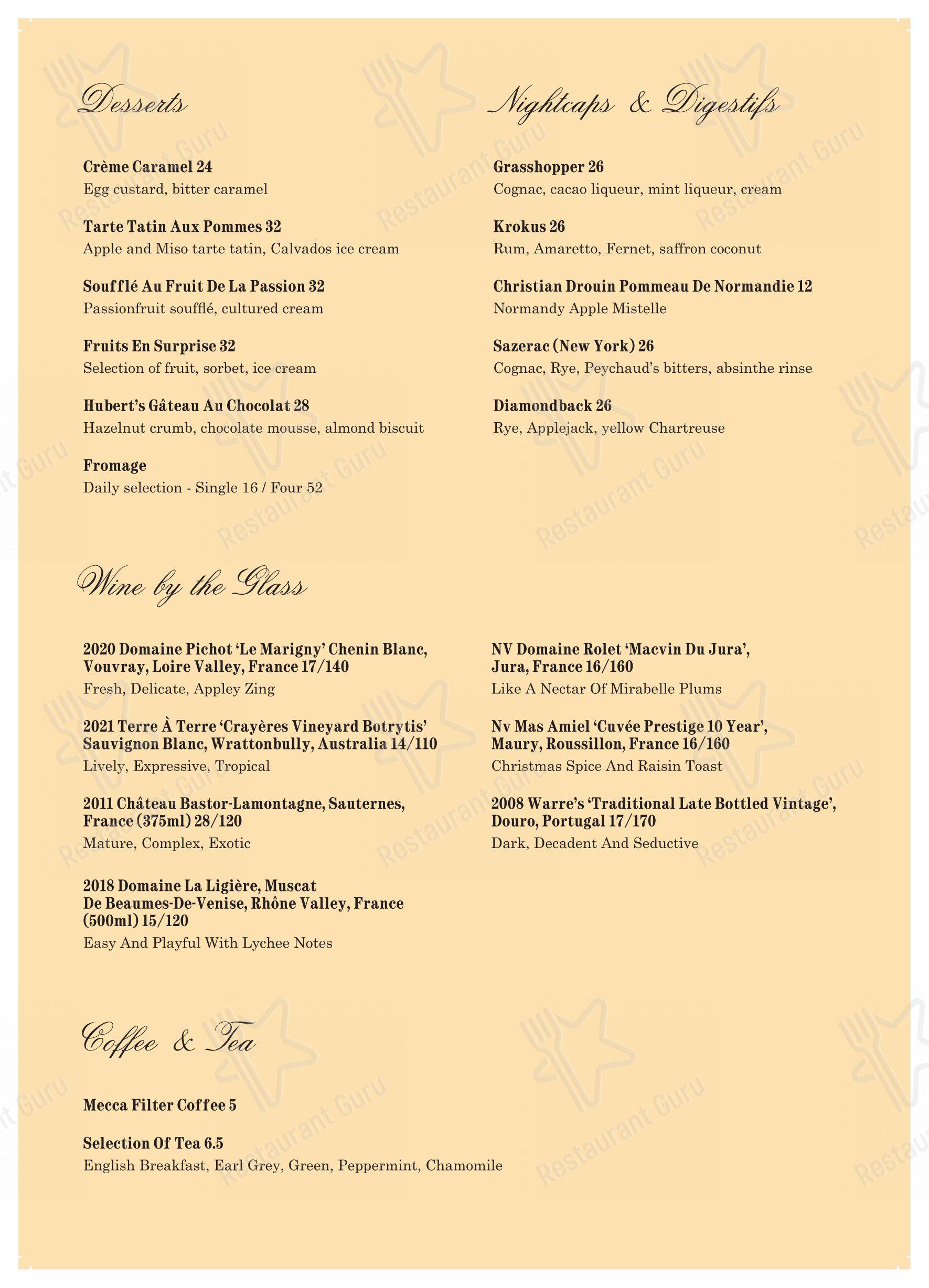 Menu at Restaurant Hubert, Sydney