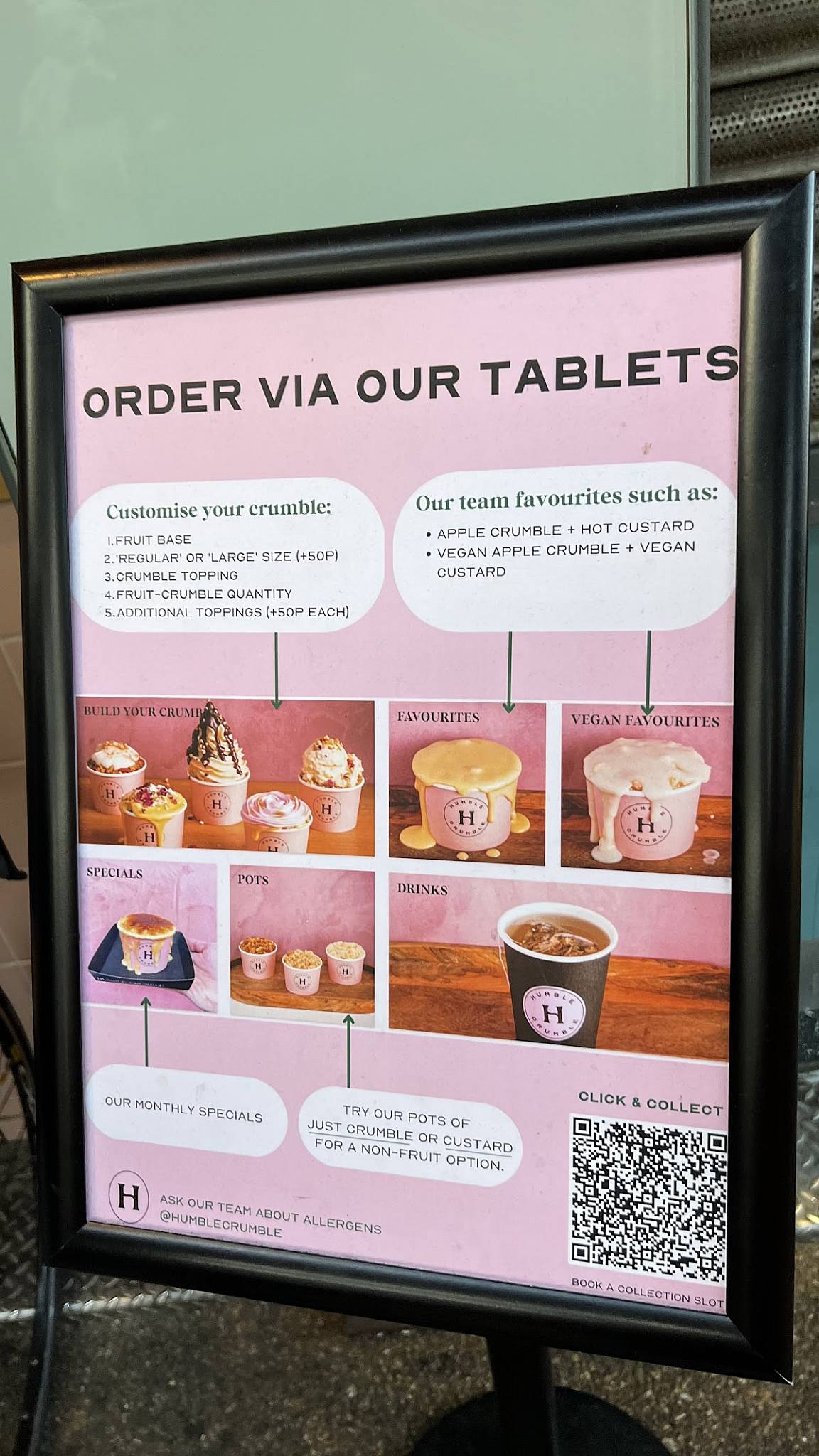 Menu at Humble Crumble restaurant, London, Old Spitalfields Market