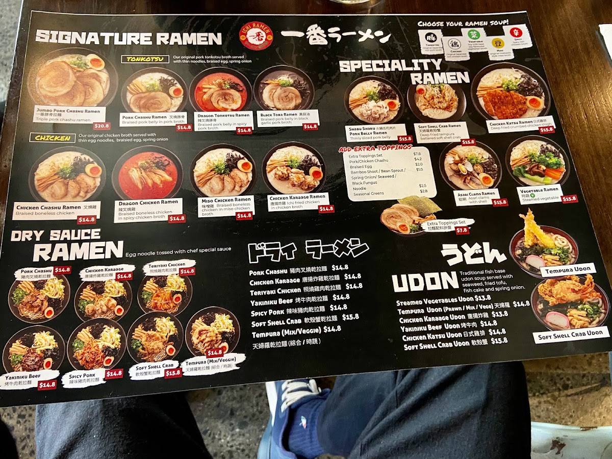 Menu at Ichi Ramen restaurant, Box Hill