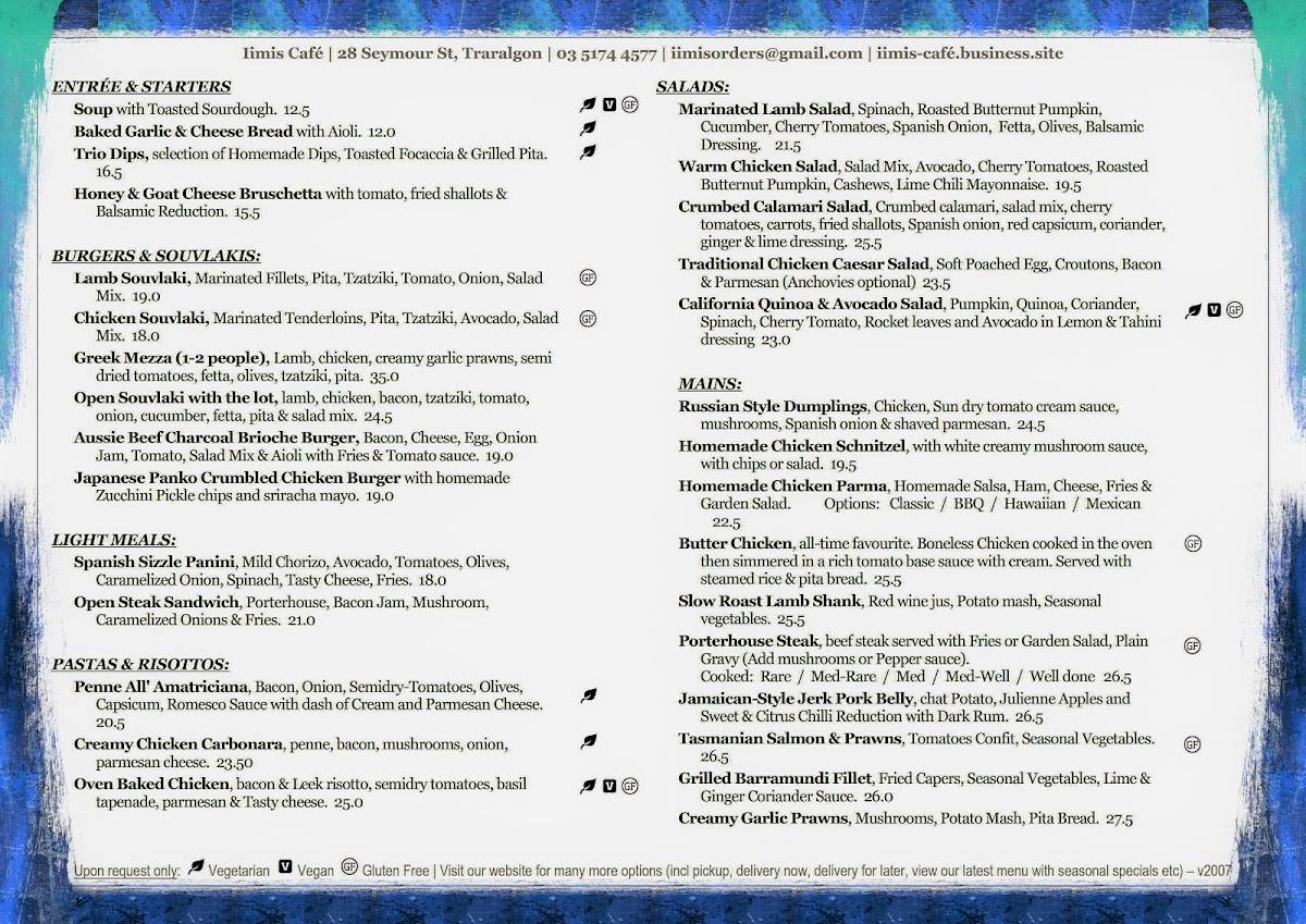 Menu at Iimis Cafe, Traralgon