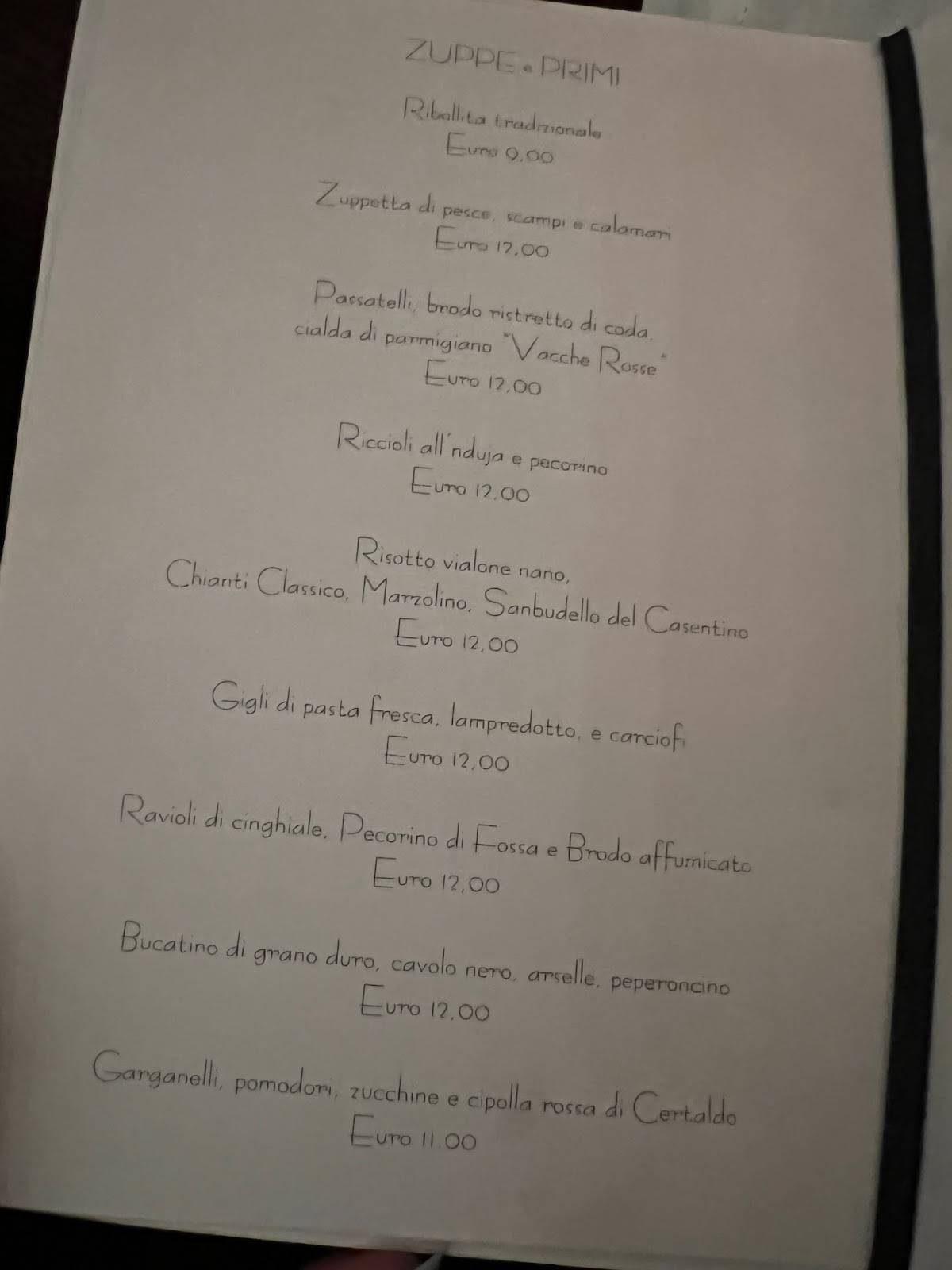Menu at Il Santo Bevitore restaurant, Florence, Via Santo Spirito