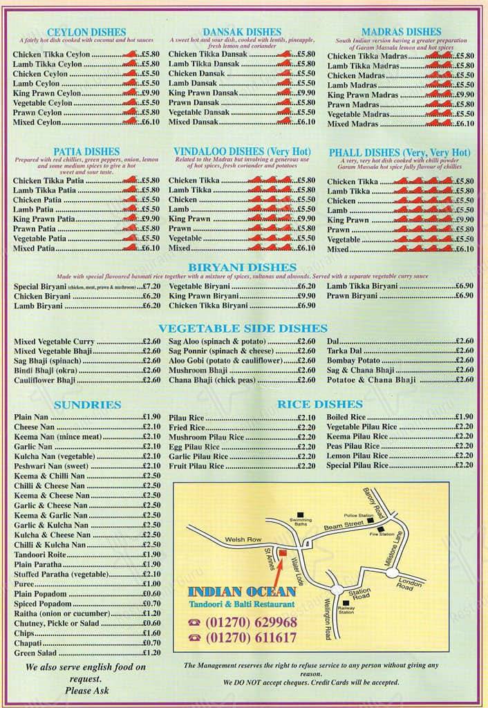 Menu at Indian Ocean restaurant, Nantwich