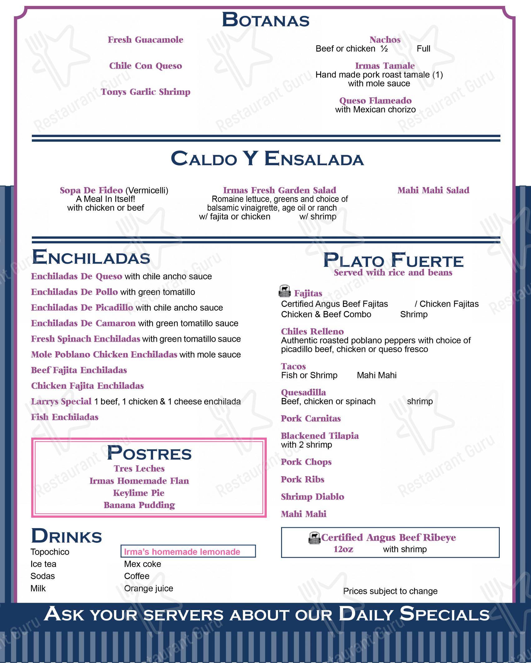 Menu at Irma's Original restaurant, Houston
