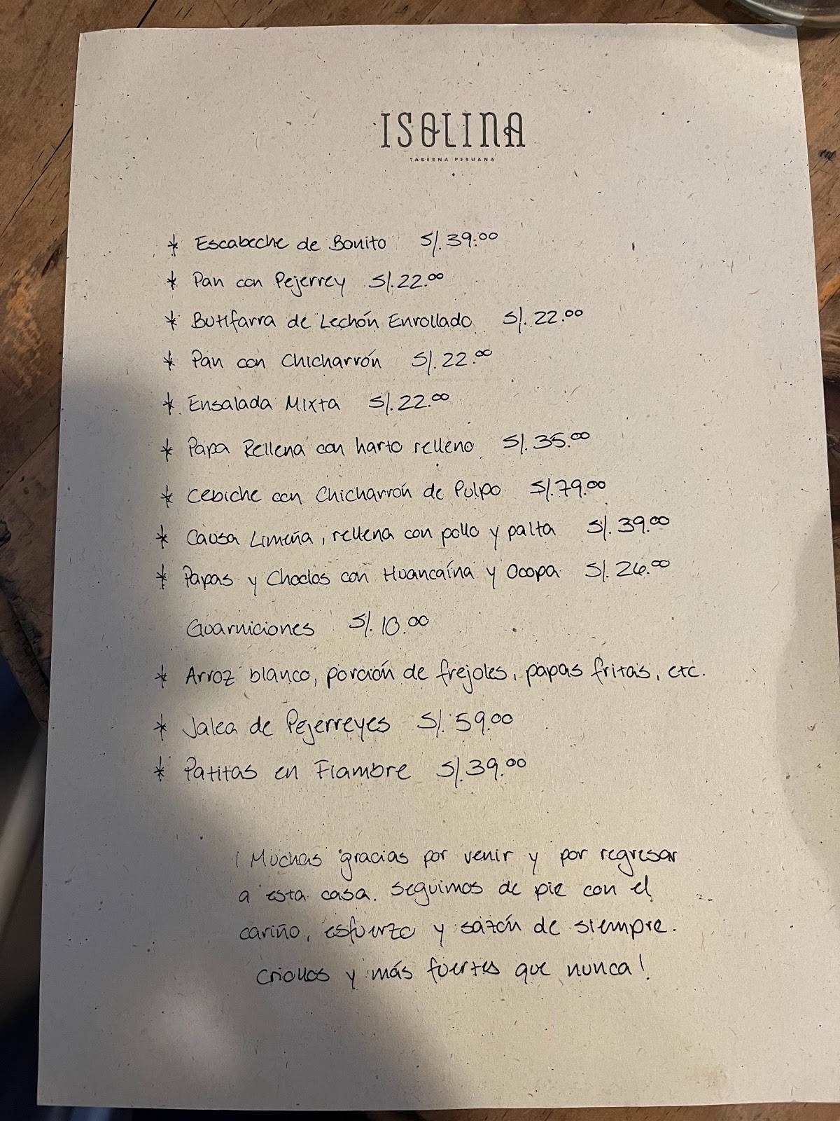 Carta del restaurante Isolina Taberna Peruana, Barranco